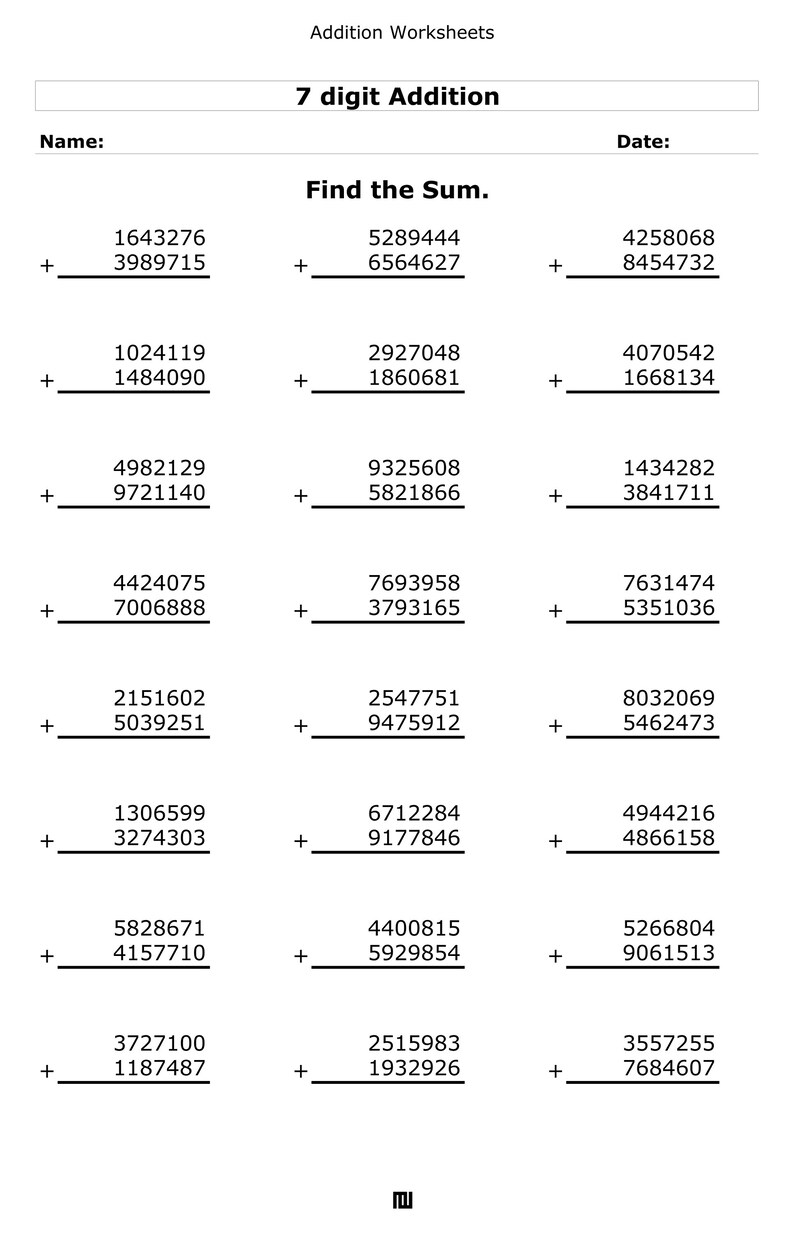 Addition Worksheets: 6, 7, 8, 9 Digit Problems (digital Download) - Etsy