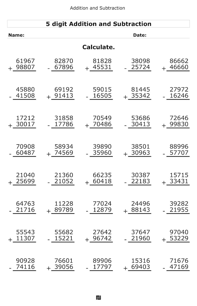 5-digit Plus/minus 5-digit Addition and Subtraction With Some ...