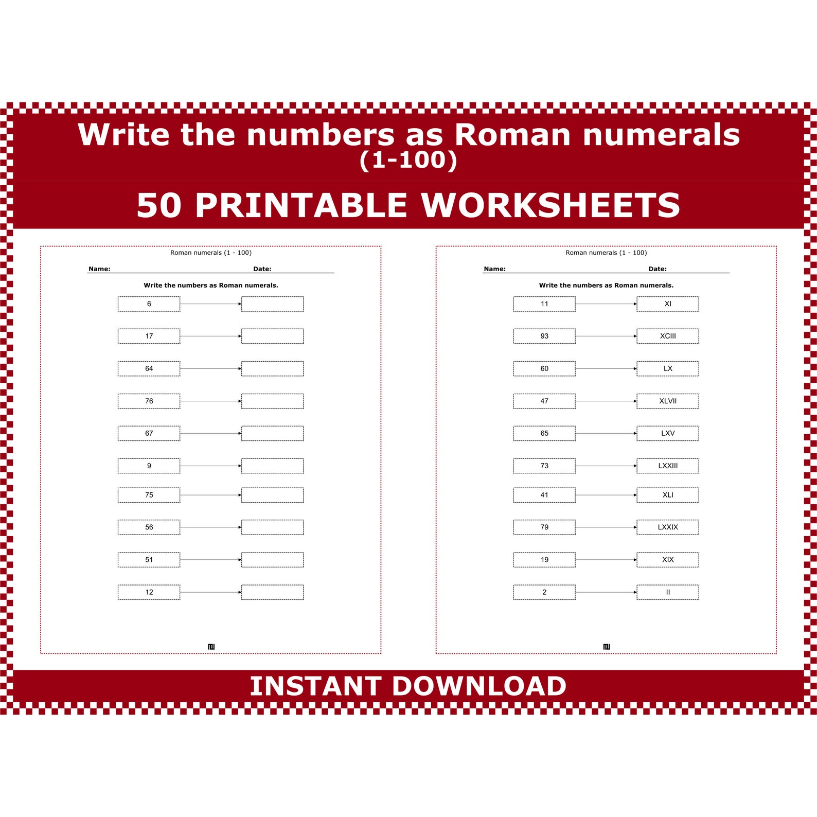 Write the Numbers as Roman Numerals From 1 to 100. Arabic and Roman ...