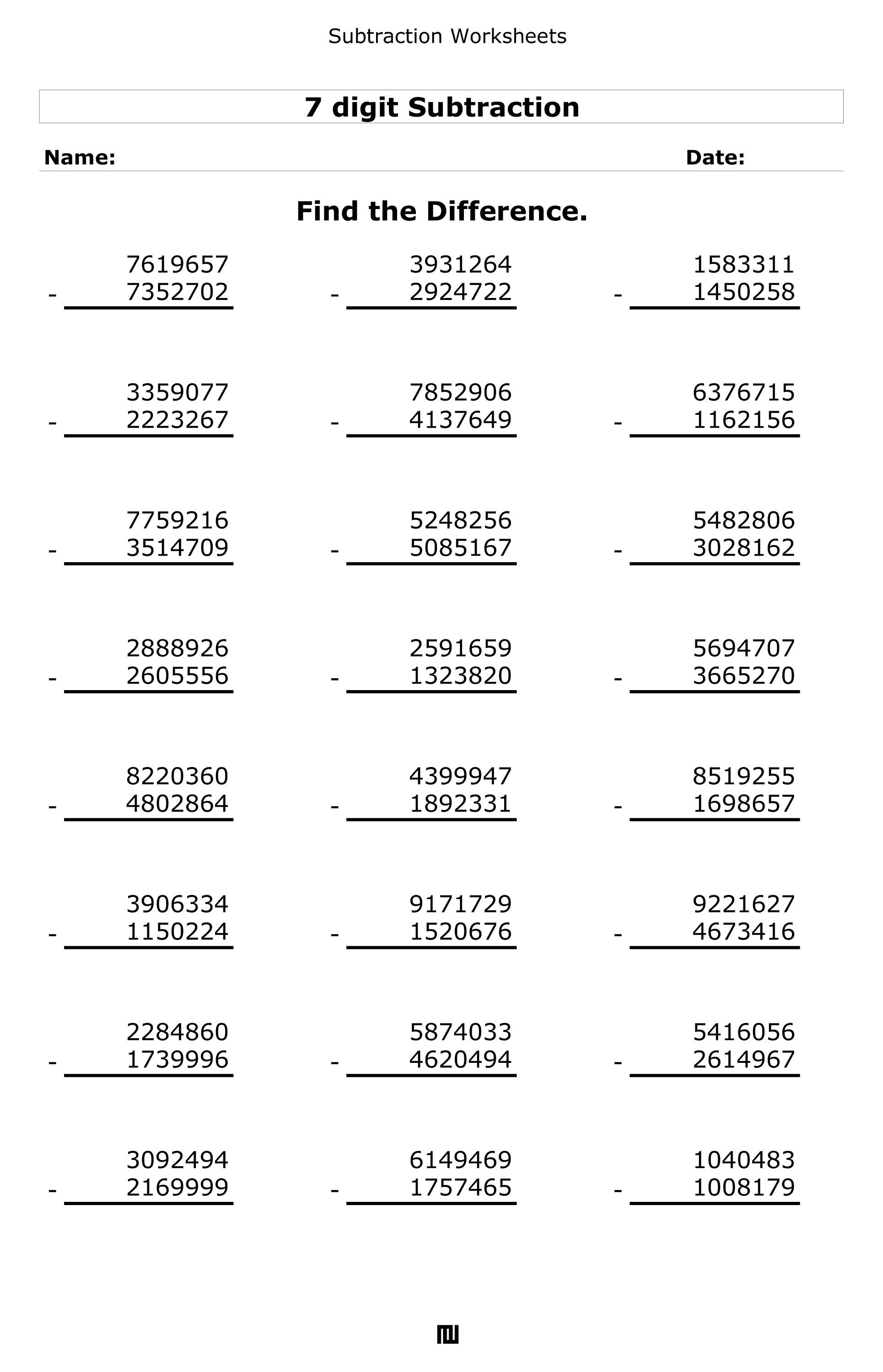 Multi Digit Subtraction Worksheets. Subtraction With 6, 7, 8 and 9 ...