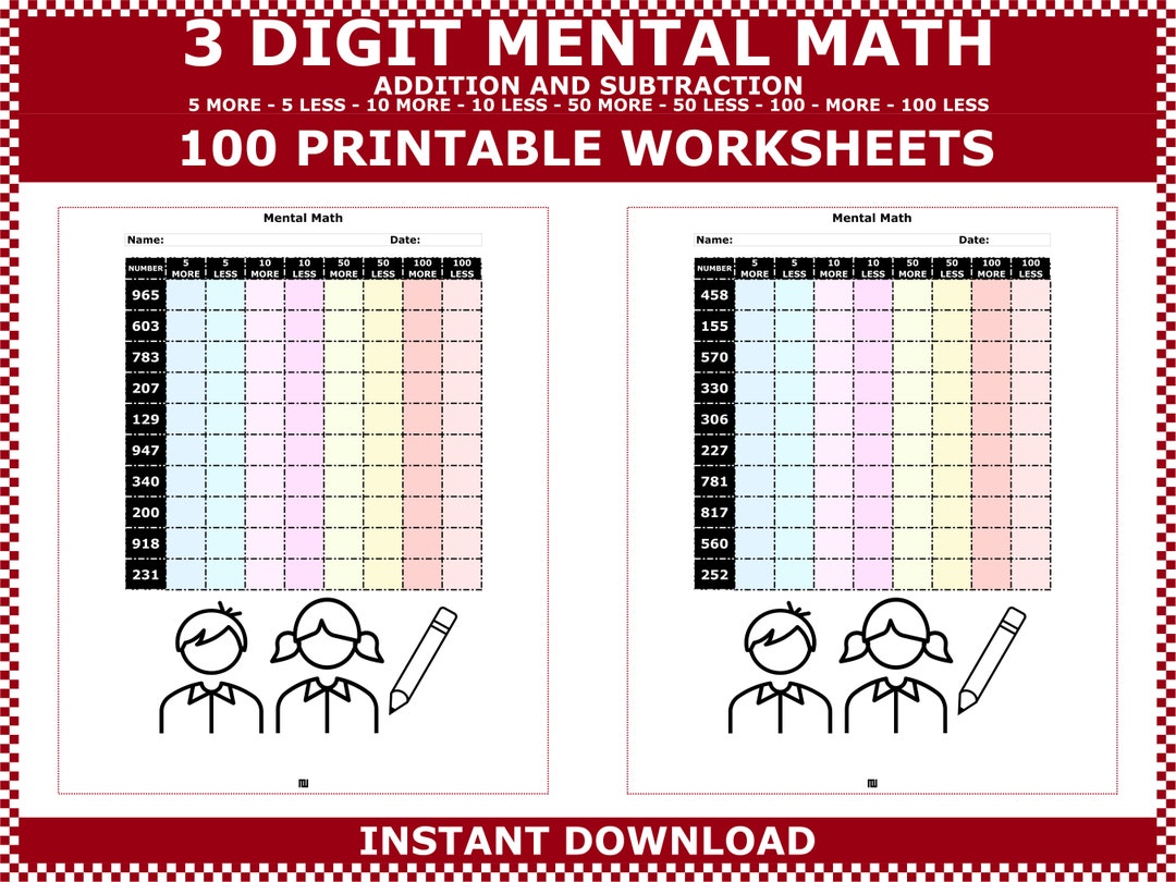 3 Digit Mental Math Worksheets for Homeschooling. Mentally - Etsy