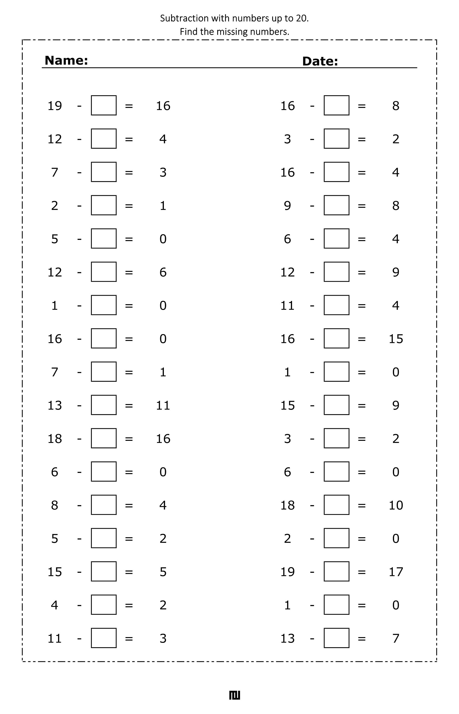 Subtraction With Numbers up to 20. Find the Missing Numbers. Mental ...