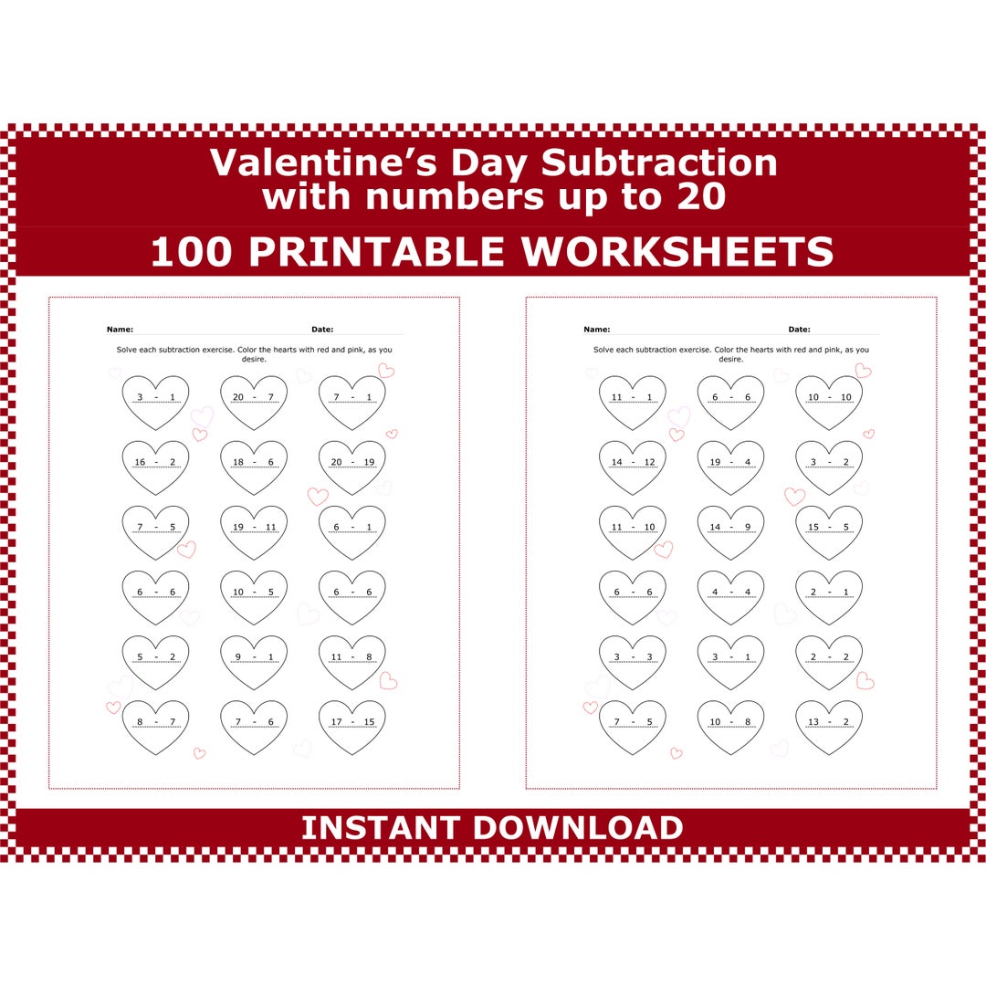 Valentine's Day Subtraction Worksheets for 1st Grade. Valentine's Day ...