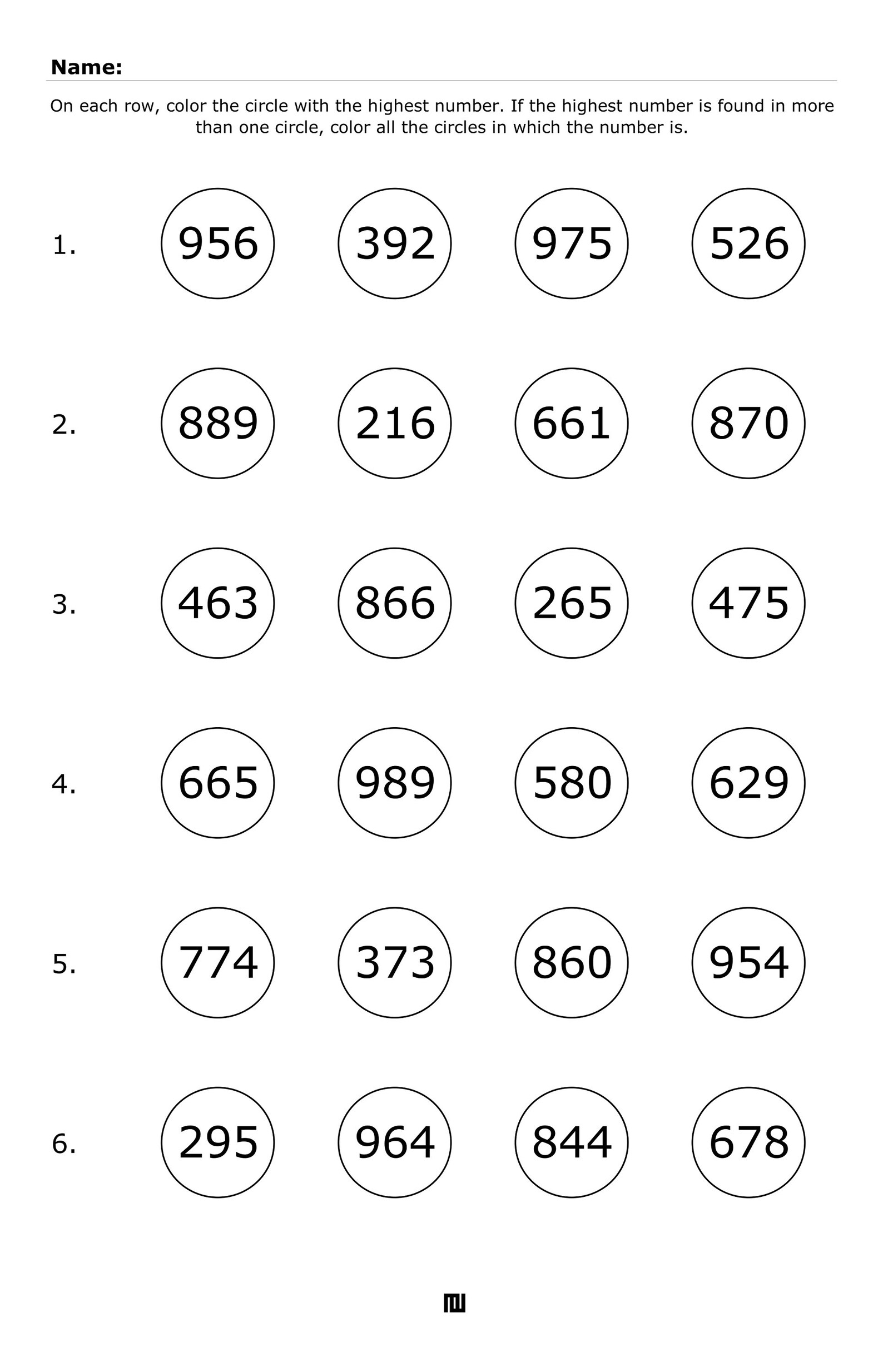 Identify the Biggest Number Worksheets. Color the Circle That Has the ...