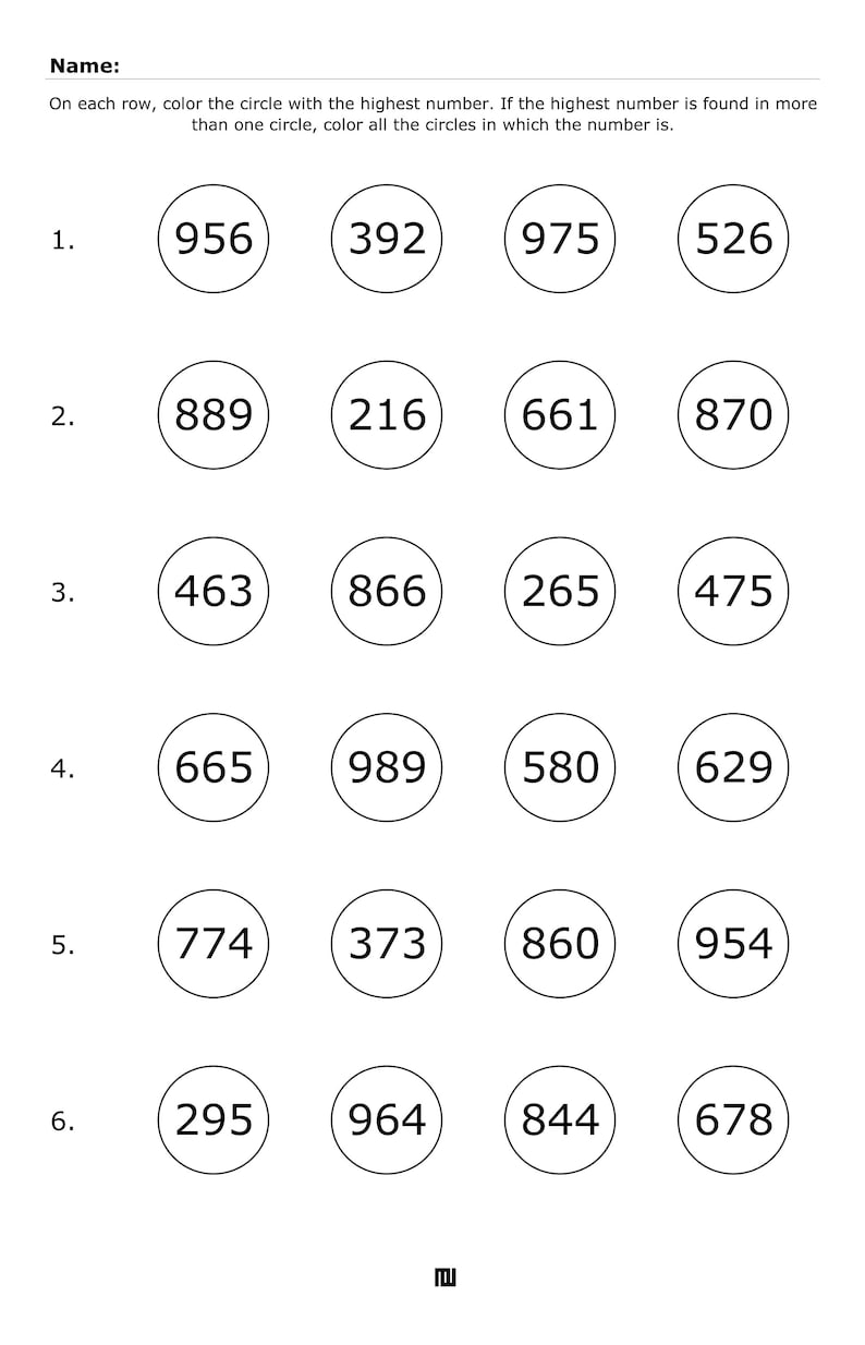 Identify the Biggest Number Worksheets. Color the Circle That Has the ...