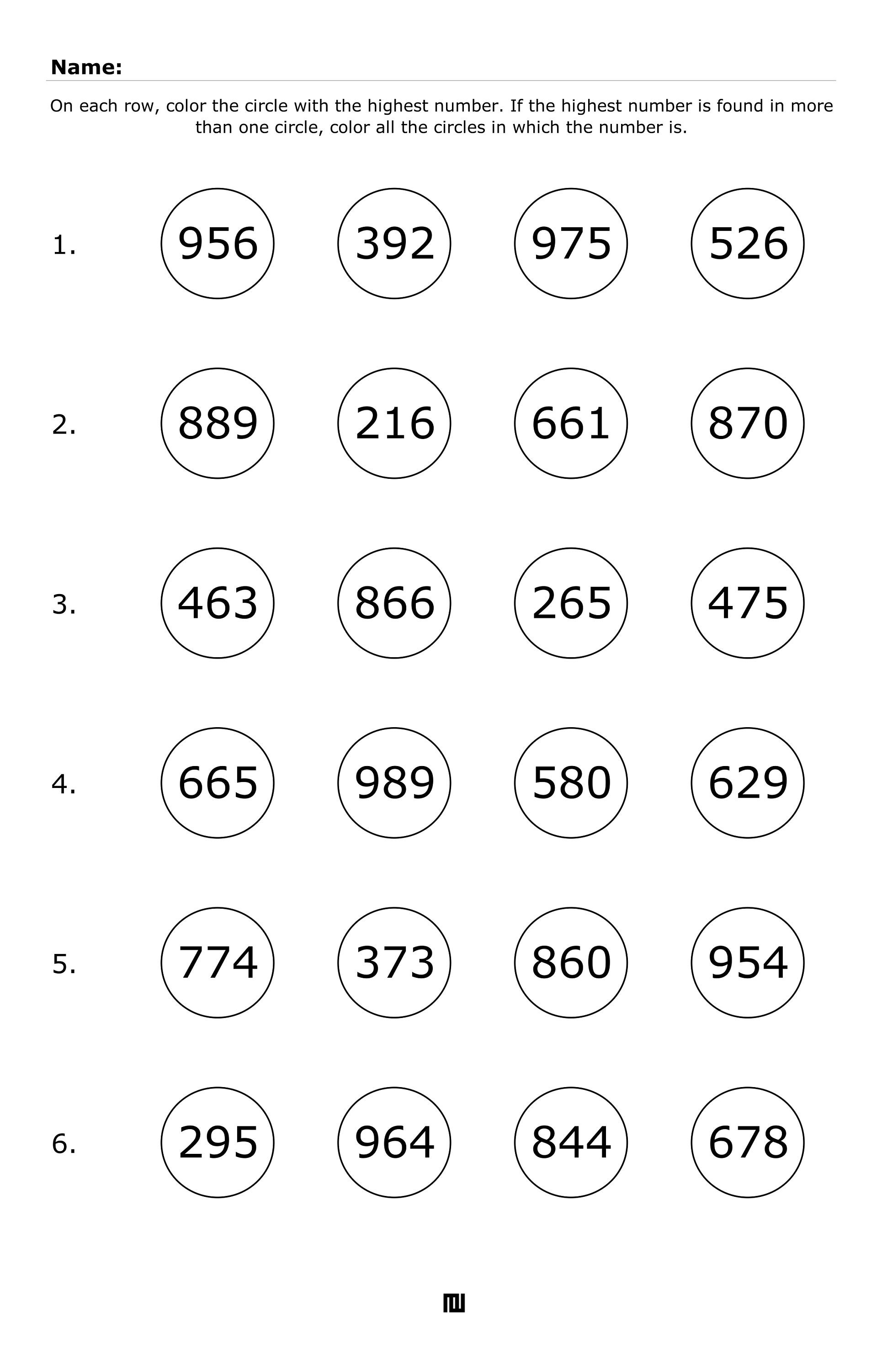 Identify the Biggest Number Worksheets. Color the Circle That Has the ...