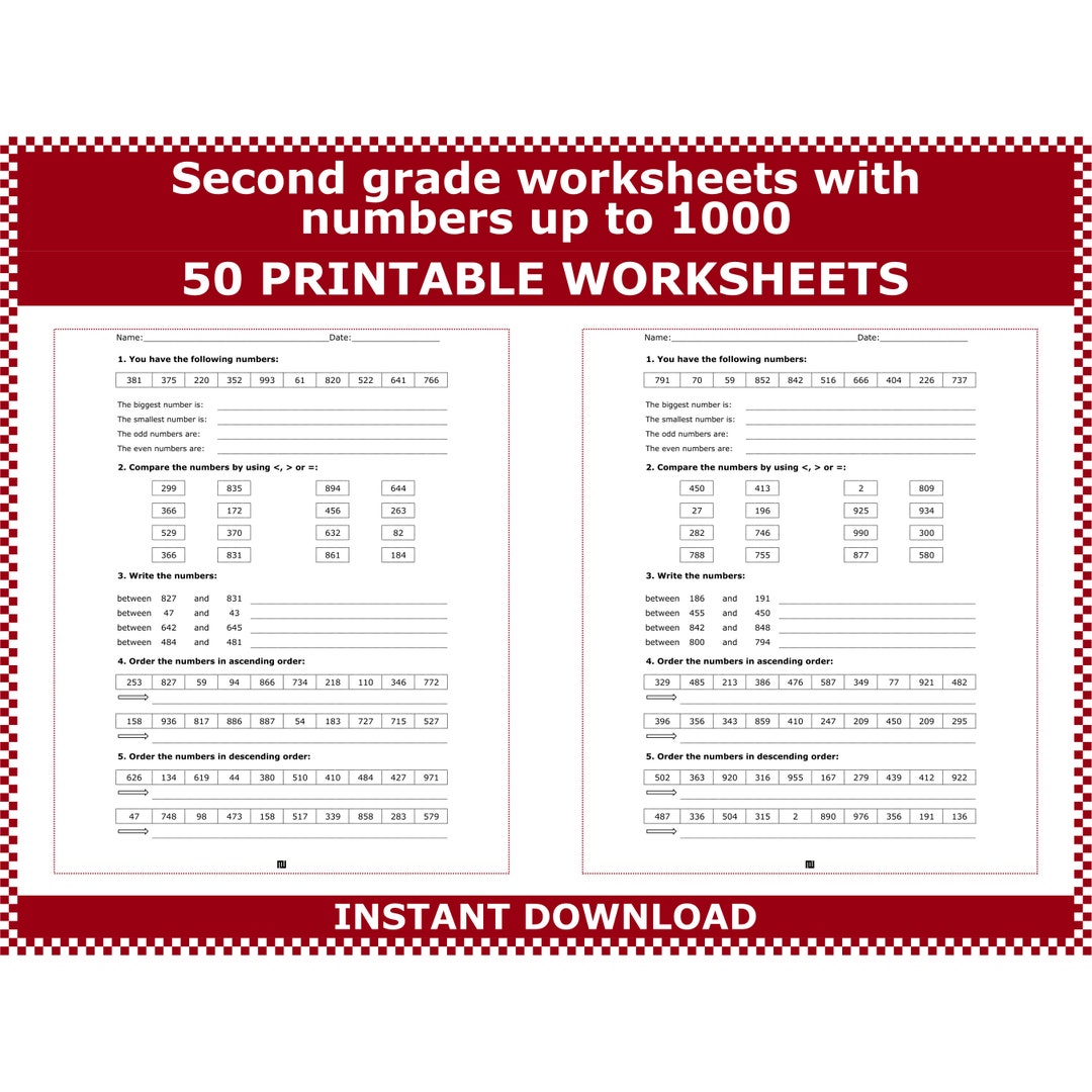Second Grade Math Worksheets With Numbers up to 1000. Ordering Numbers ...