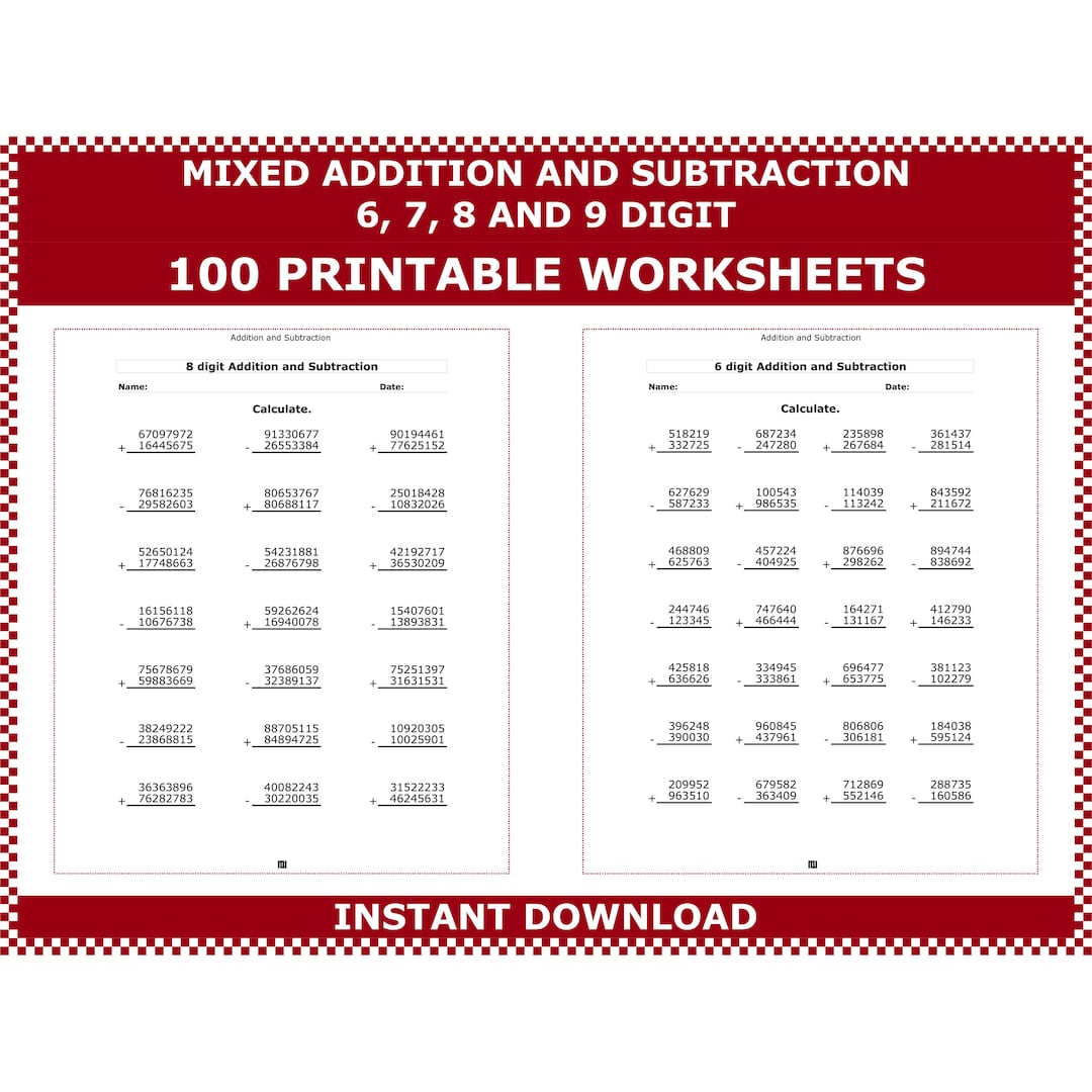 Addition & Subtraction Worksheets: 6-9 Digit Problems (digital Download ...
