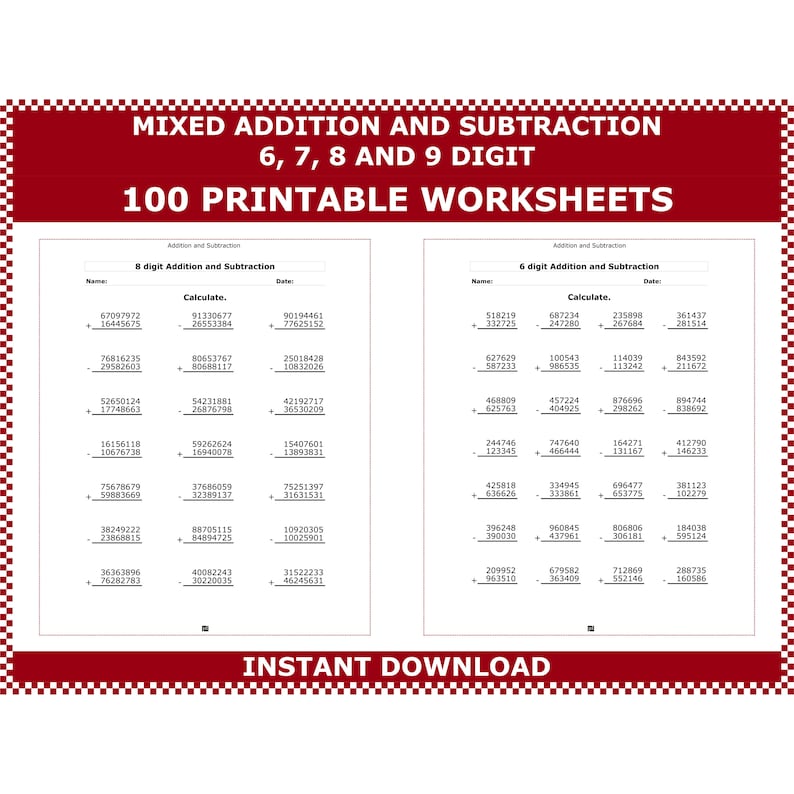 Addition & Subtraction Worksheets: 6-9 Digit Problems (digital Download ...