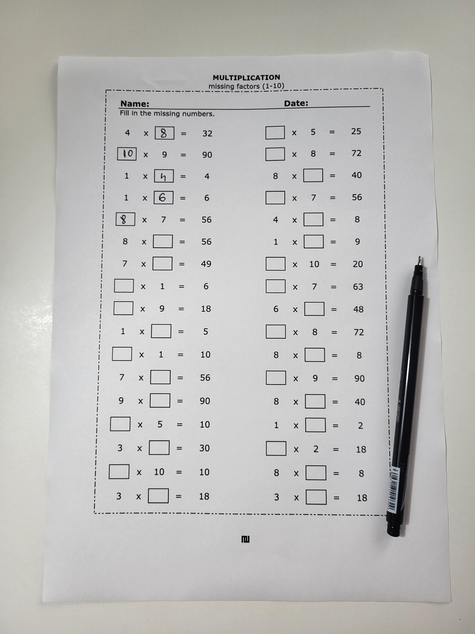 Multiplication Missing Factors 1-10 Worksheets (PDF) - Etsy