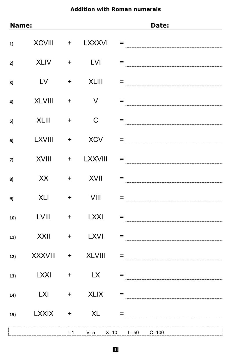 Roman Numerals Addition Worksheets: Math Exercises (digital Download ...