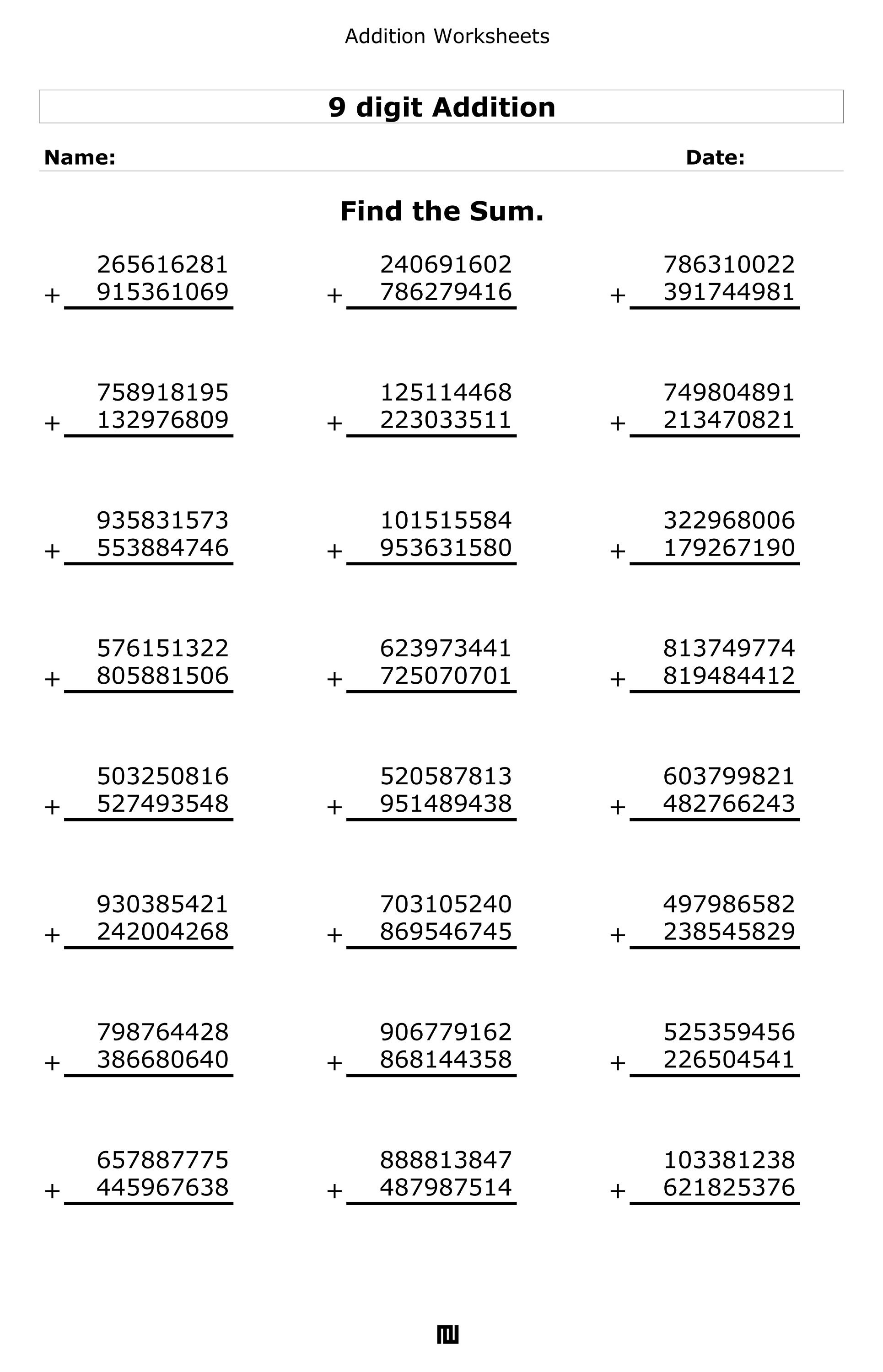 6 Digit Plus 6 Digit Addition. 7 Digit Plus 7 Digit Addition. 8 Digit ...