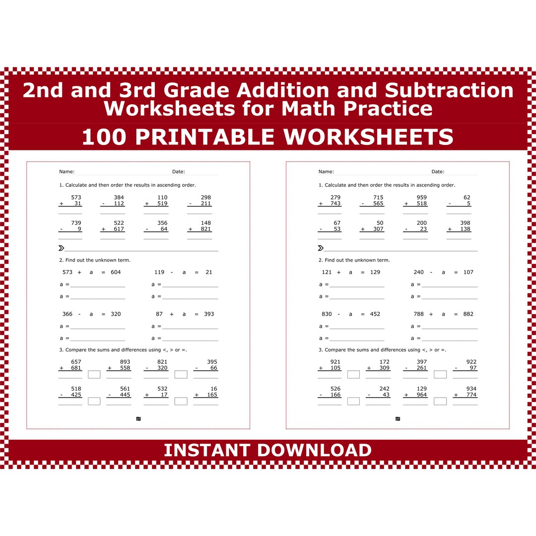 2nd and 3rd Grade Addition and Subtraction Worksheets for Math Practice ...