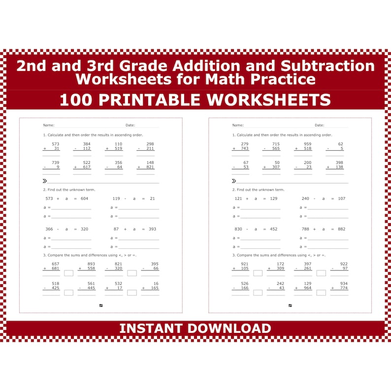 2nd and 3rd Grade Addition and Subtraction Worksheets for Math - Etsy