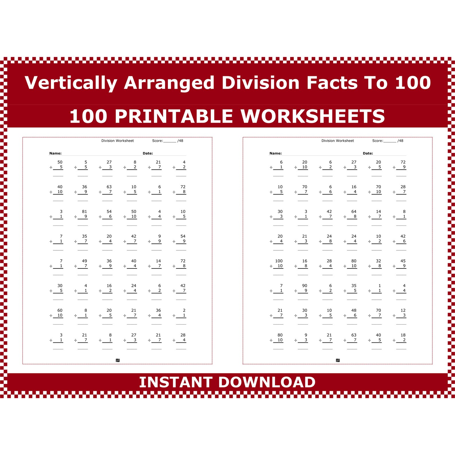 Division Vertically Arranged Division Facts to 100. Vertical Division ...