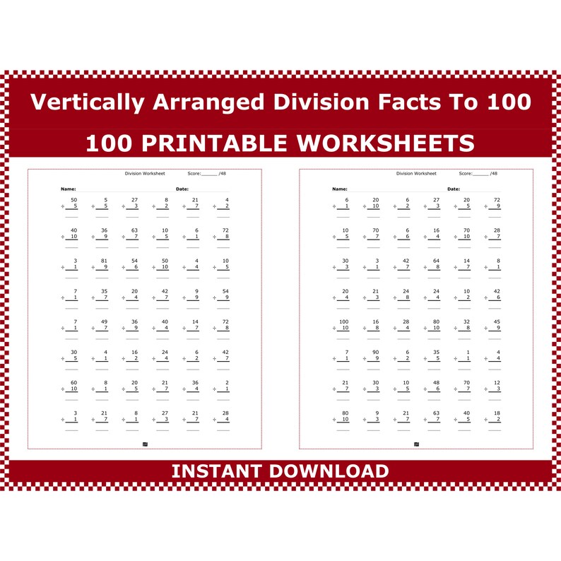 Division Vertically Arranged Division Facts to 100. Vertical Division ...