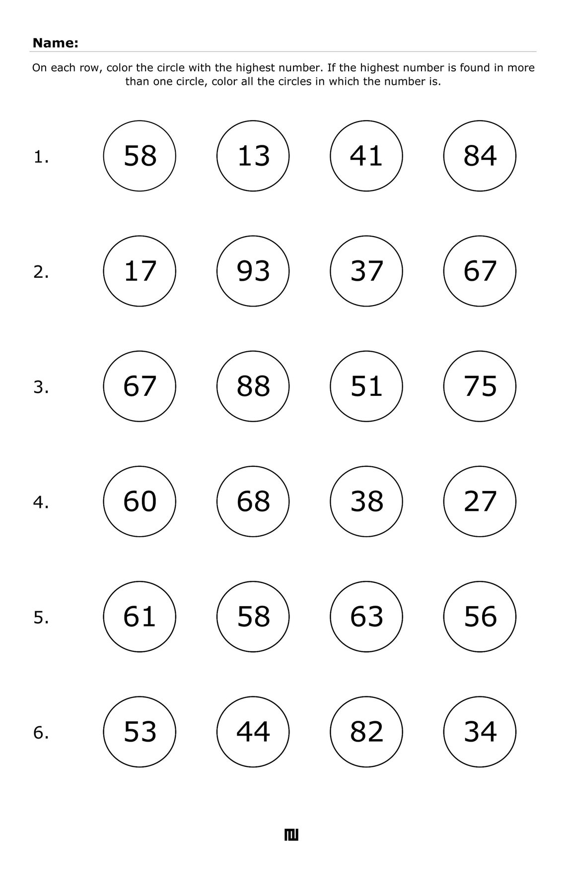Identify the Biggest Number Worksheets. Color the Circle That Has the ...