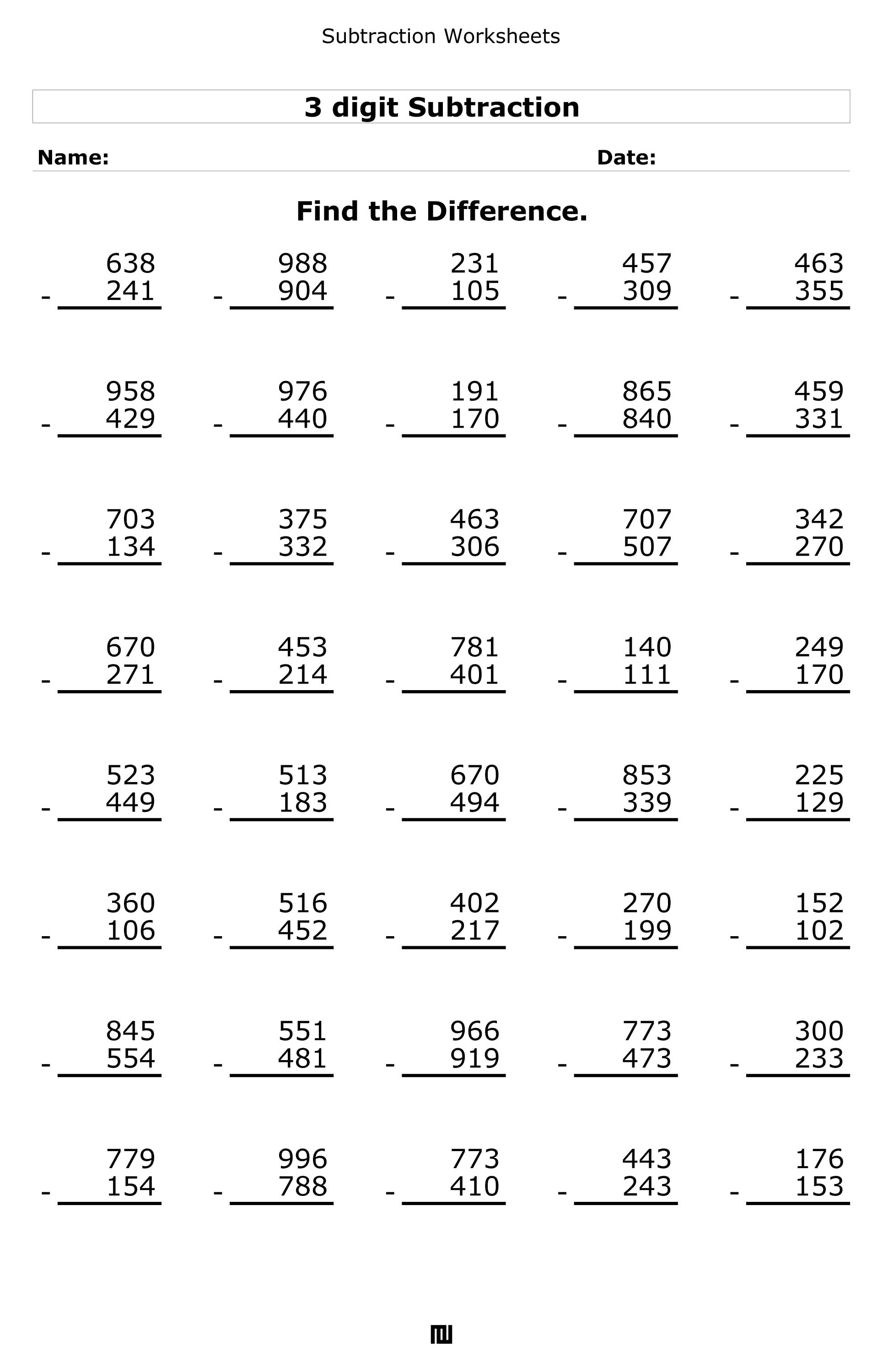 3 Digit Subtraction Worksheets. 3 Digit Minus 3 Digit Subtraction ...