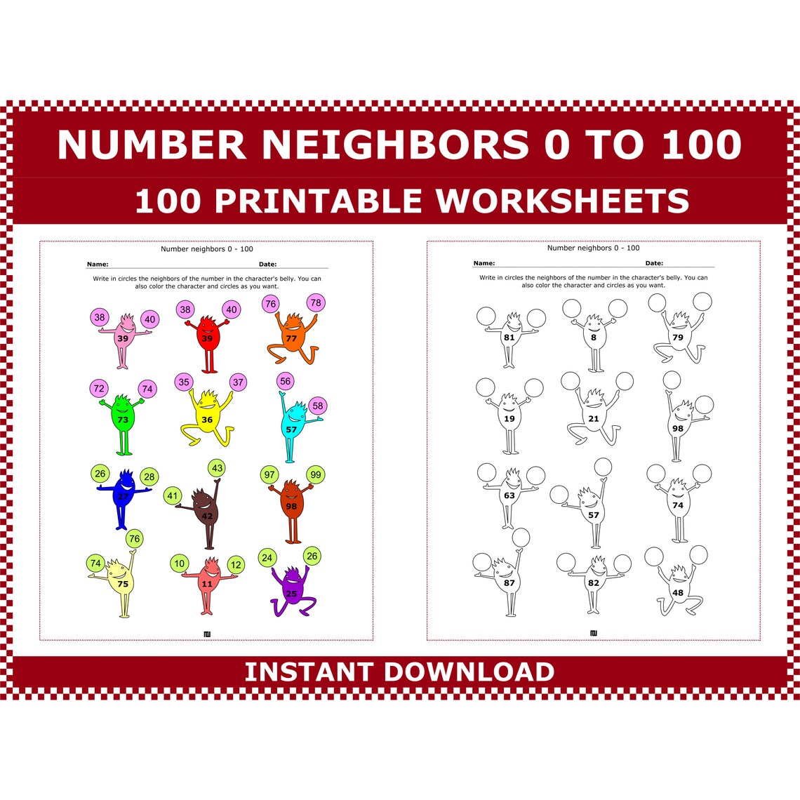 Number Neighbors 0 to 100 Printable Counting Activity for Kids. Number ...