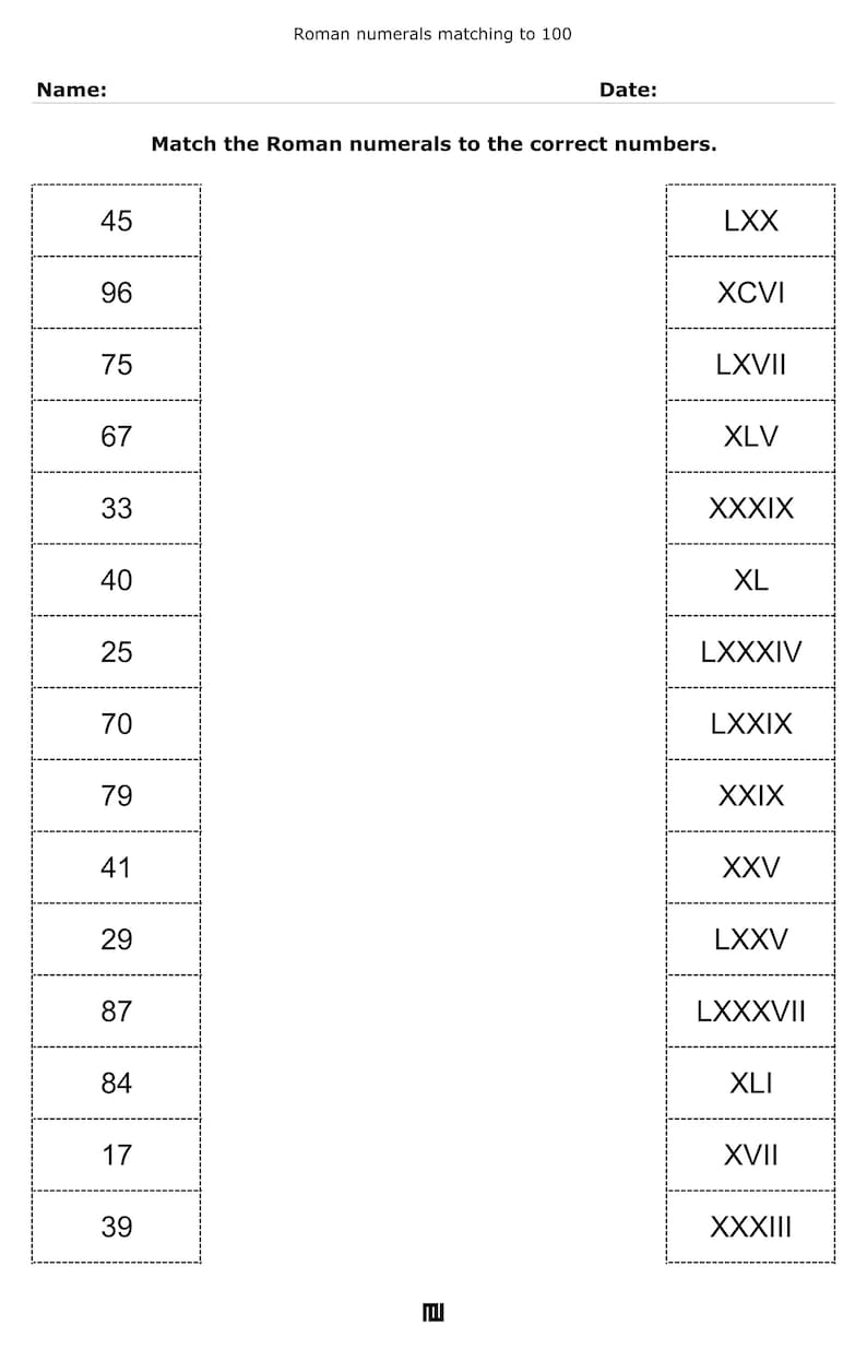 Roman Numerals Matching to 100. Match the Numbers 1 to 100. - Etsy