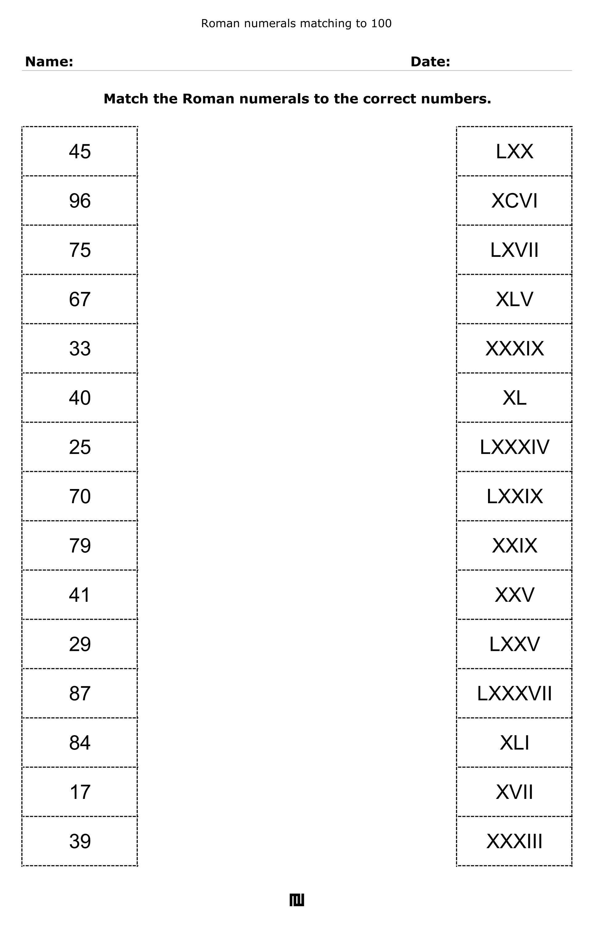 Roman Numerals Matching to 100. Match the Numbers 1 to 100. - Etsy