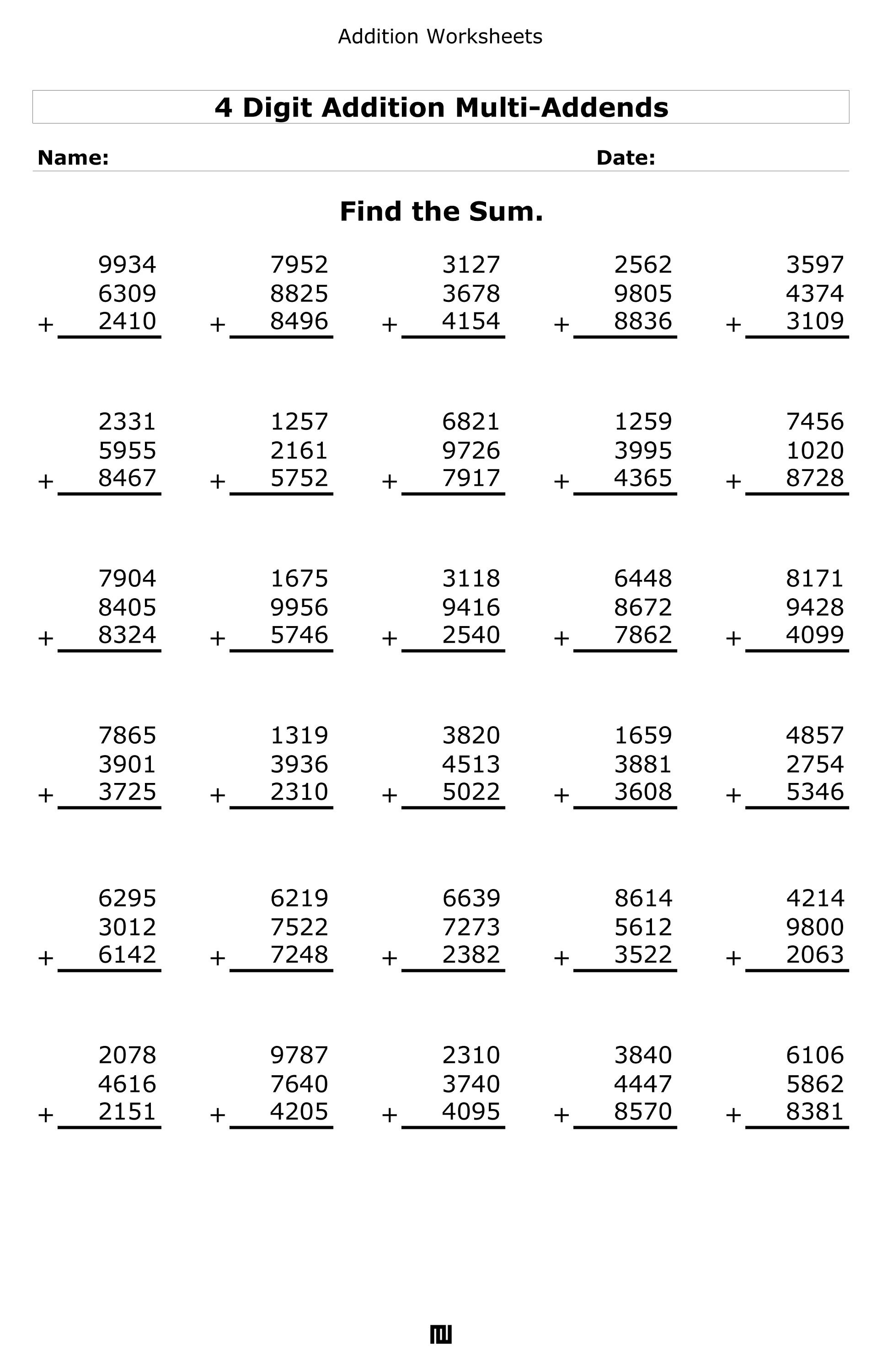 4 Digit Addition Multi Addends Multi Addends 4 Digit Numbers Adding
