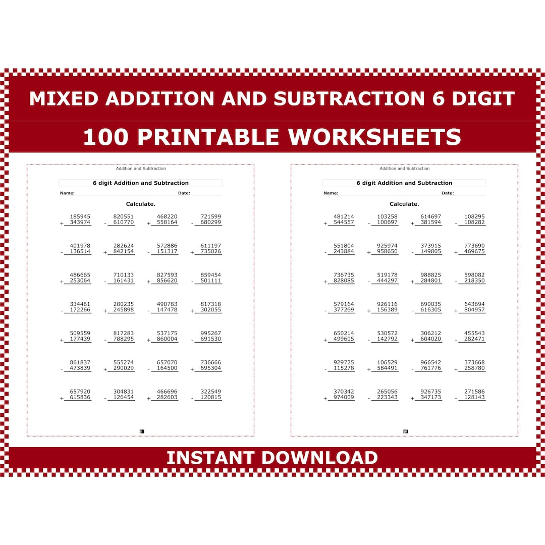 Mixed 6 Digit Addition and 6 Digit Subtraction Math Worksheets ...