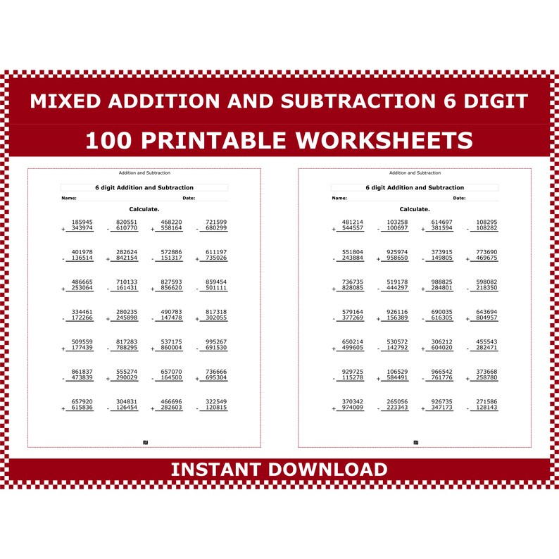 Mixed 6 Digit Addition and 6 Digit Subtraction Math Worksheets ...