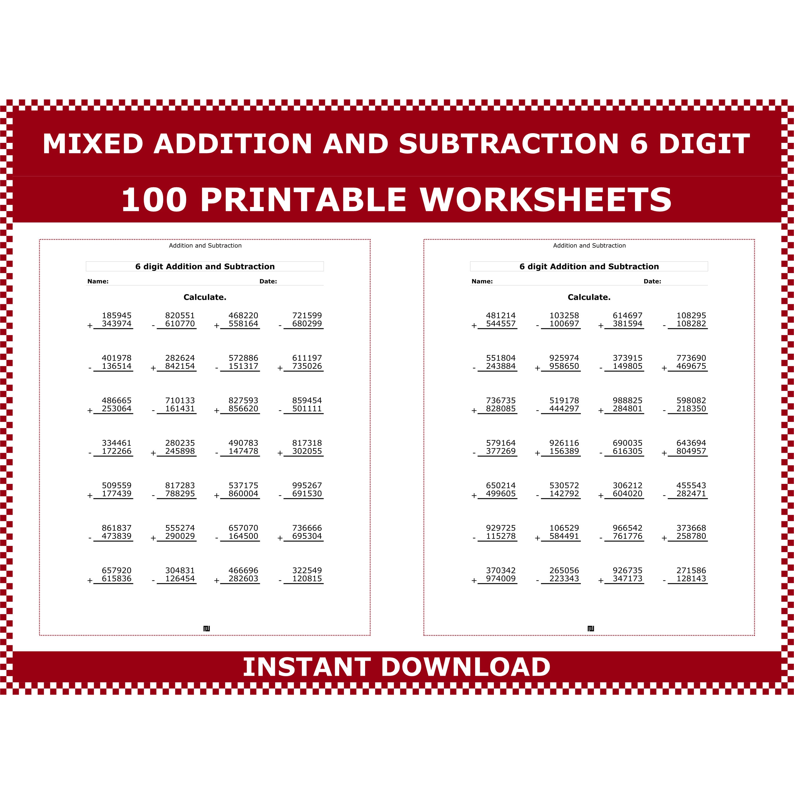 Mixed 6 Digit Addition and 6 Digit Subtraction Math Worksheets ...