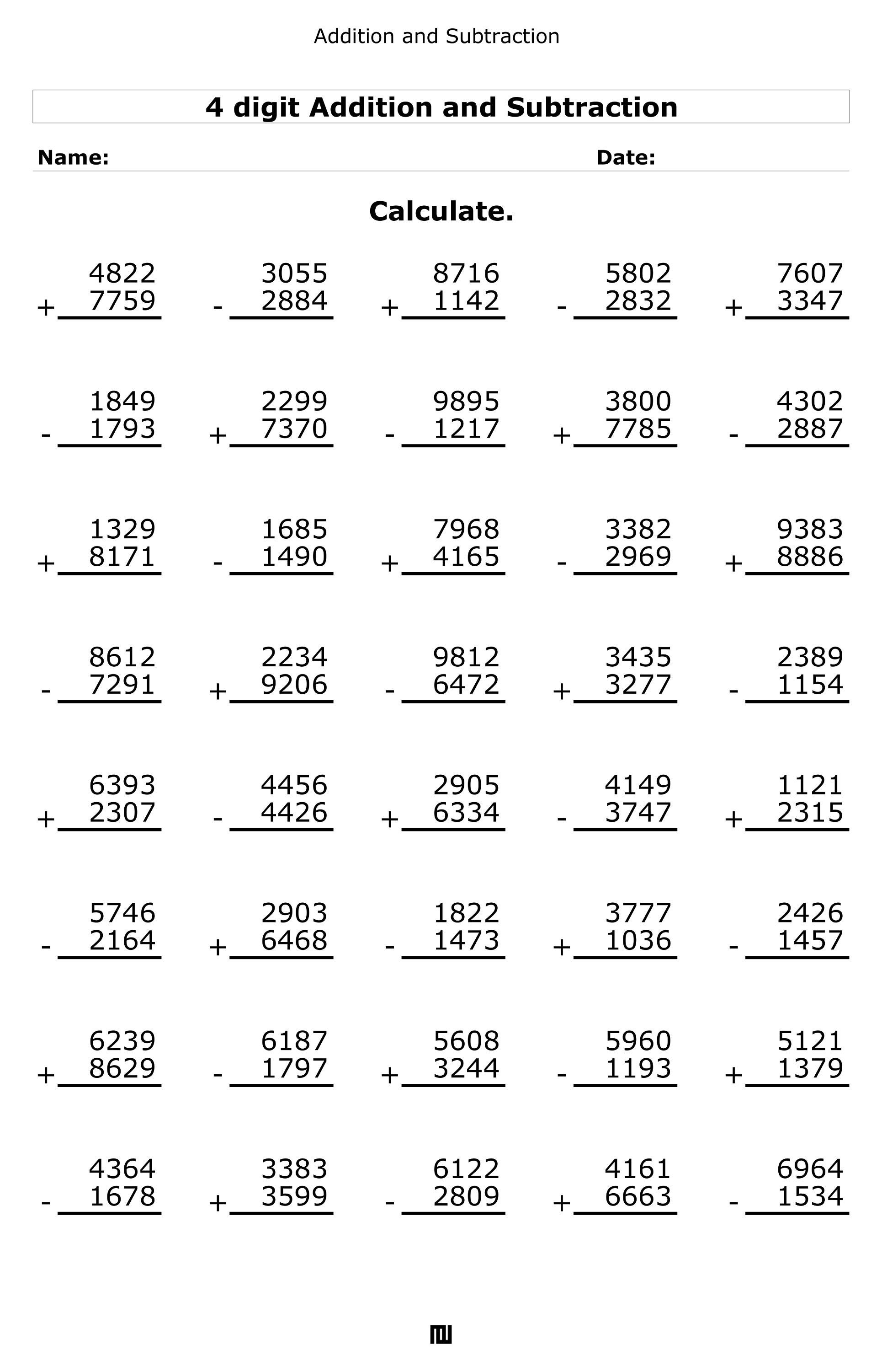 4-digit Plus/minus 4-digit Addition and Subtraction With Some ...