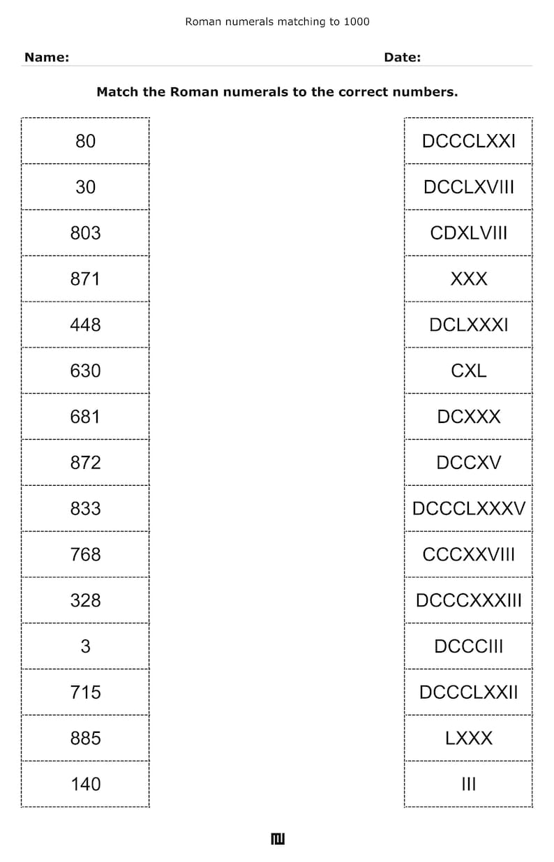 Roman Numerals Matching to 1000. Match the Numbers 1 to 1000. Roman ...