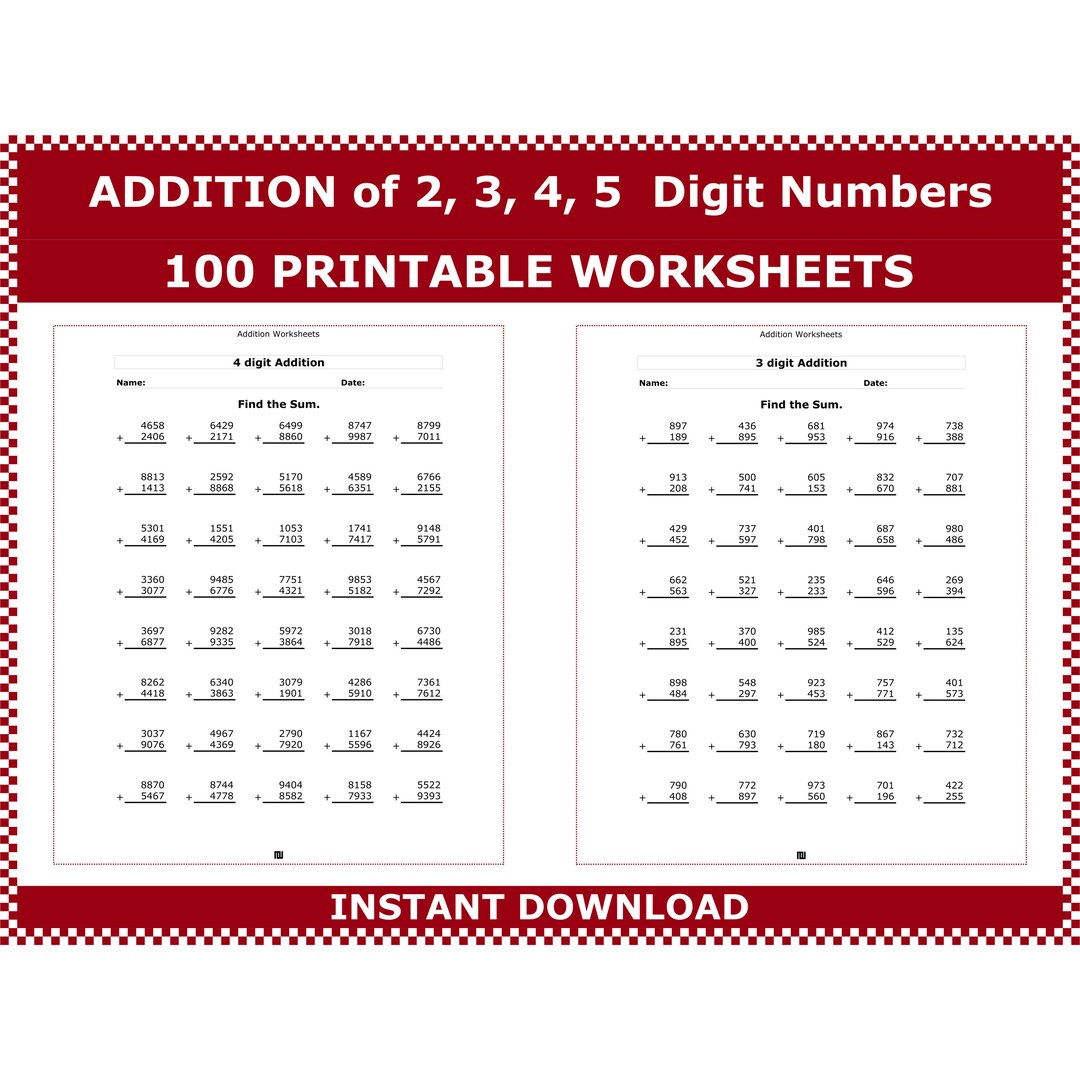 2 Digit Plus 2 Digit Addition. 3 Digit Plus 3 Digit Addition. 4 Digit ...