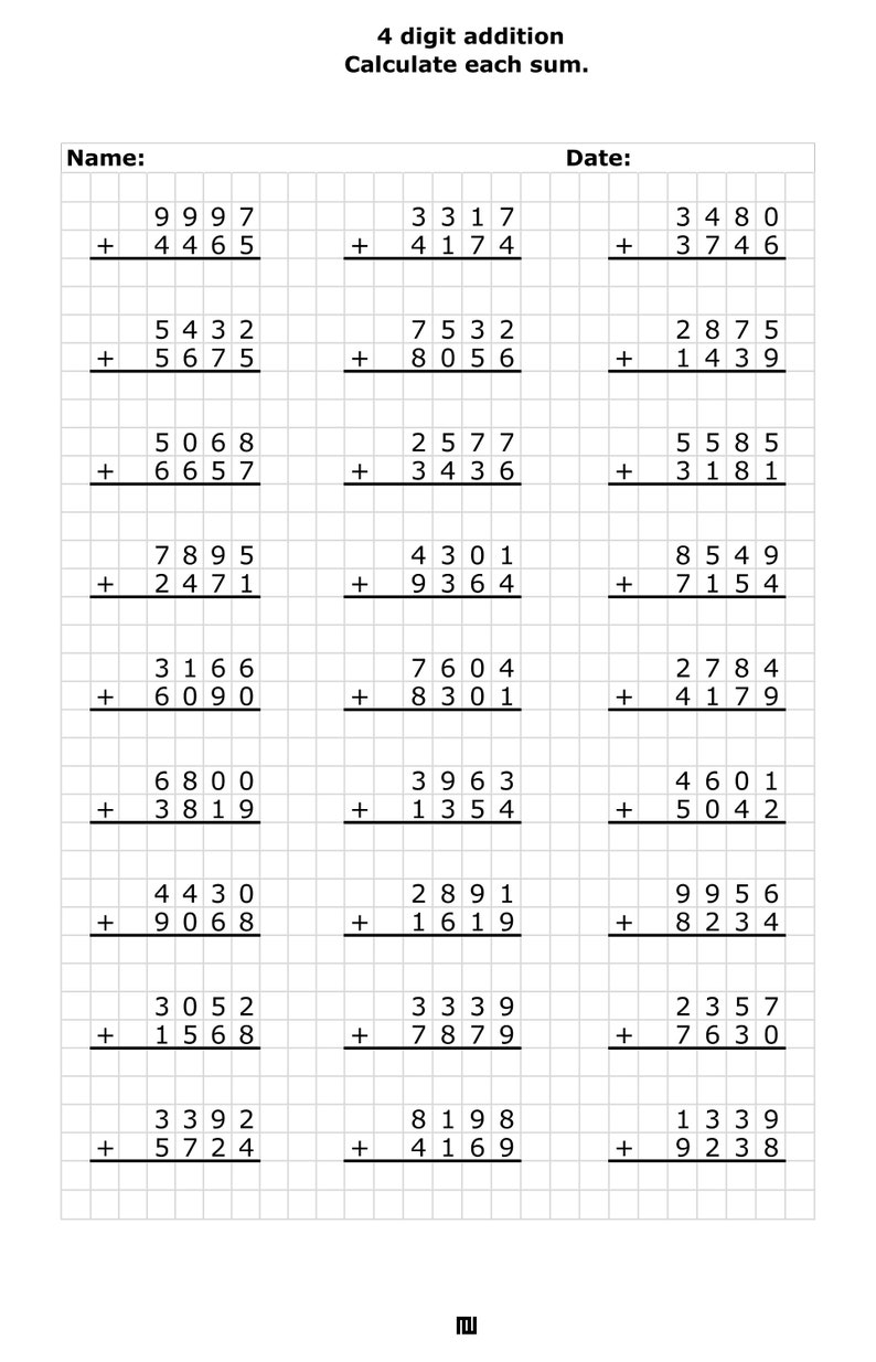 4-digit Addition Worksheets: 3rd-4th Grade Math (PDF Download) - Etsy