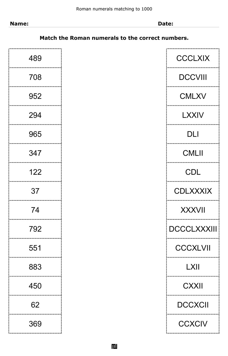 Roman Numerals Matching to 1000. Match the Numbers 1 to 1000. Roman ...