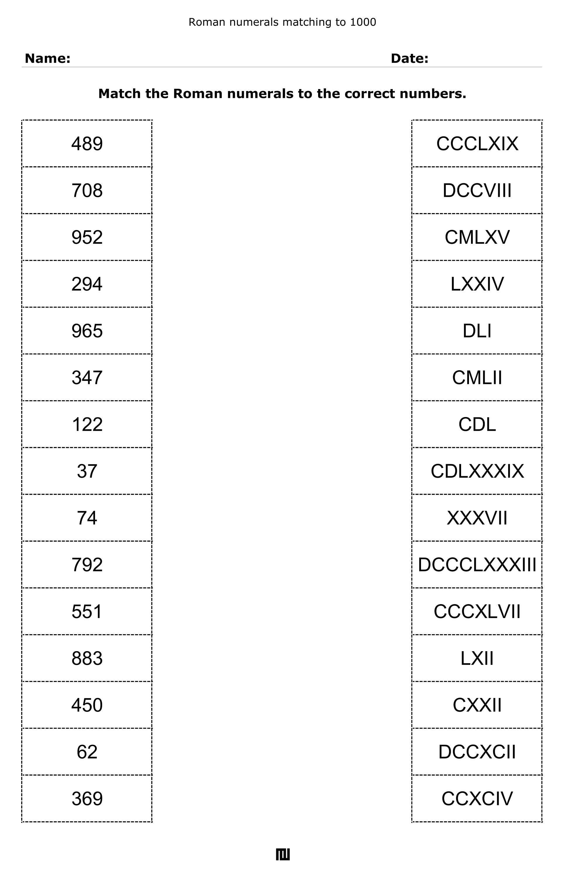 Roman Numerals Matching to 1000. Match the Numbers 1 to 1000. Roman ...