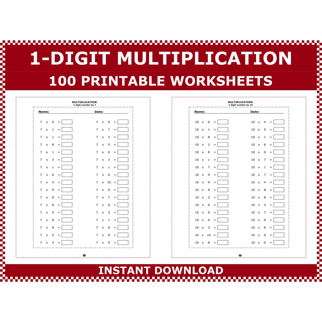 1 Digit by 1 Digit Multiplication Worksheets. Math Drills Digital ...