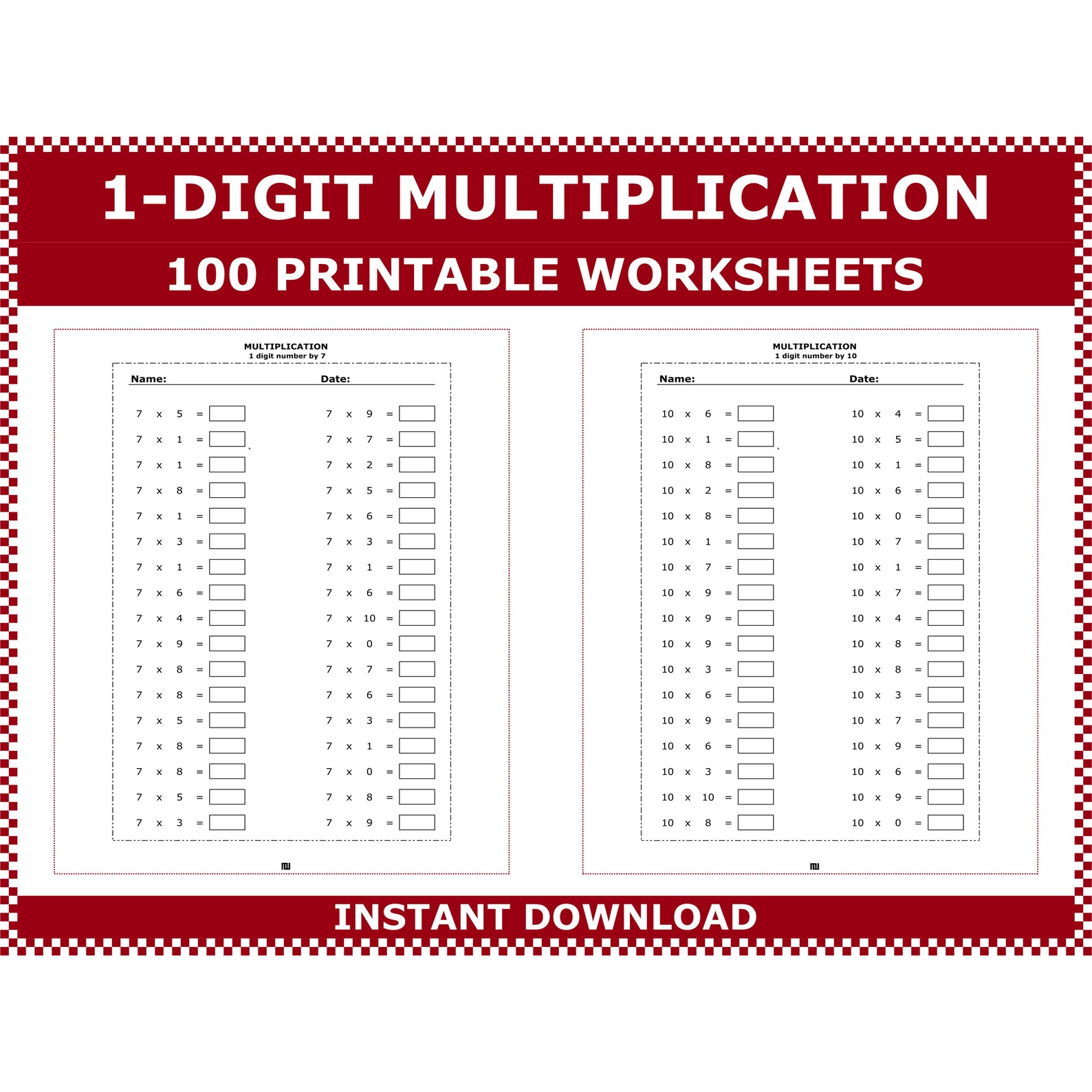 1 Digit by 1 Digit Multiplication Worksheets. Math Drills Digital ...
