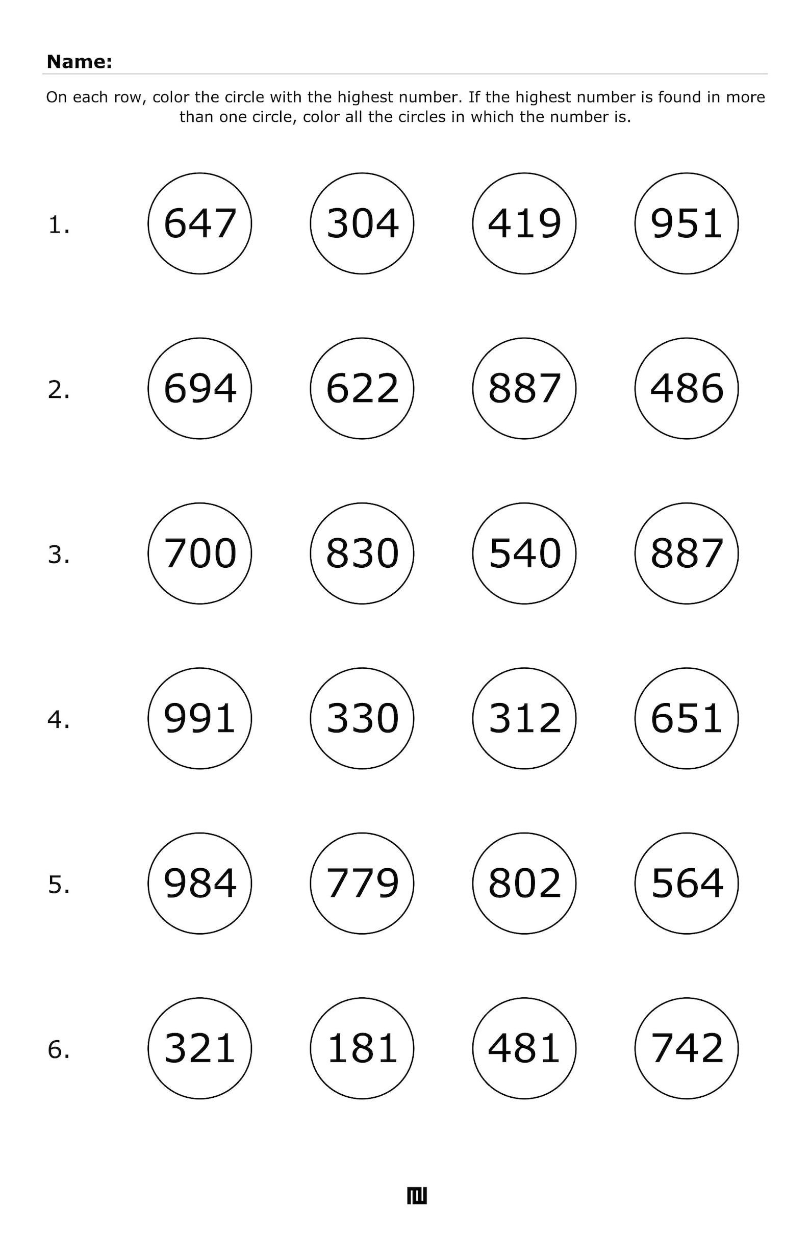 Identify the Biggest Number Worksheets. Color the Circle That Has the ...