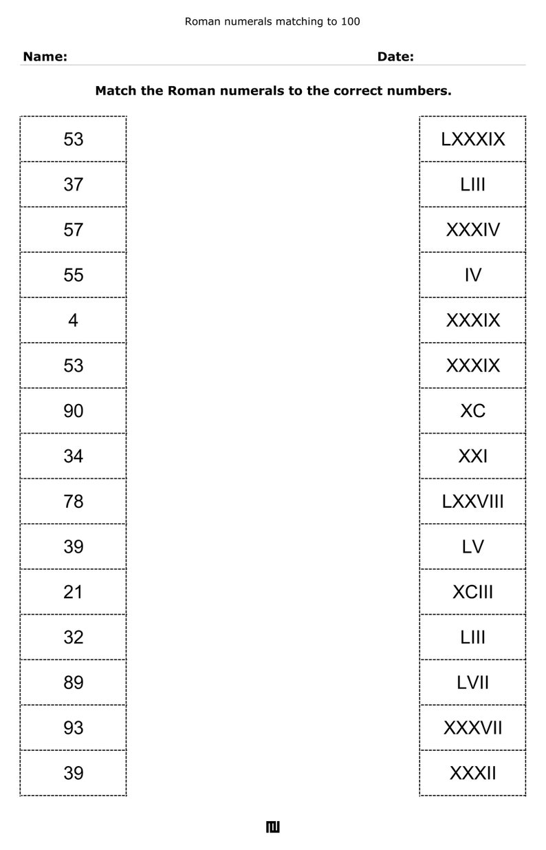 Roman Numerals Matching to 100. Match the Numbers 1 to 100. Converting ...