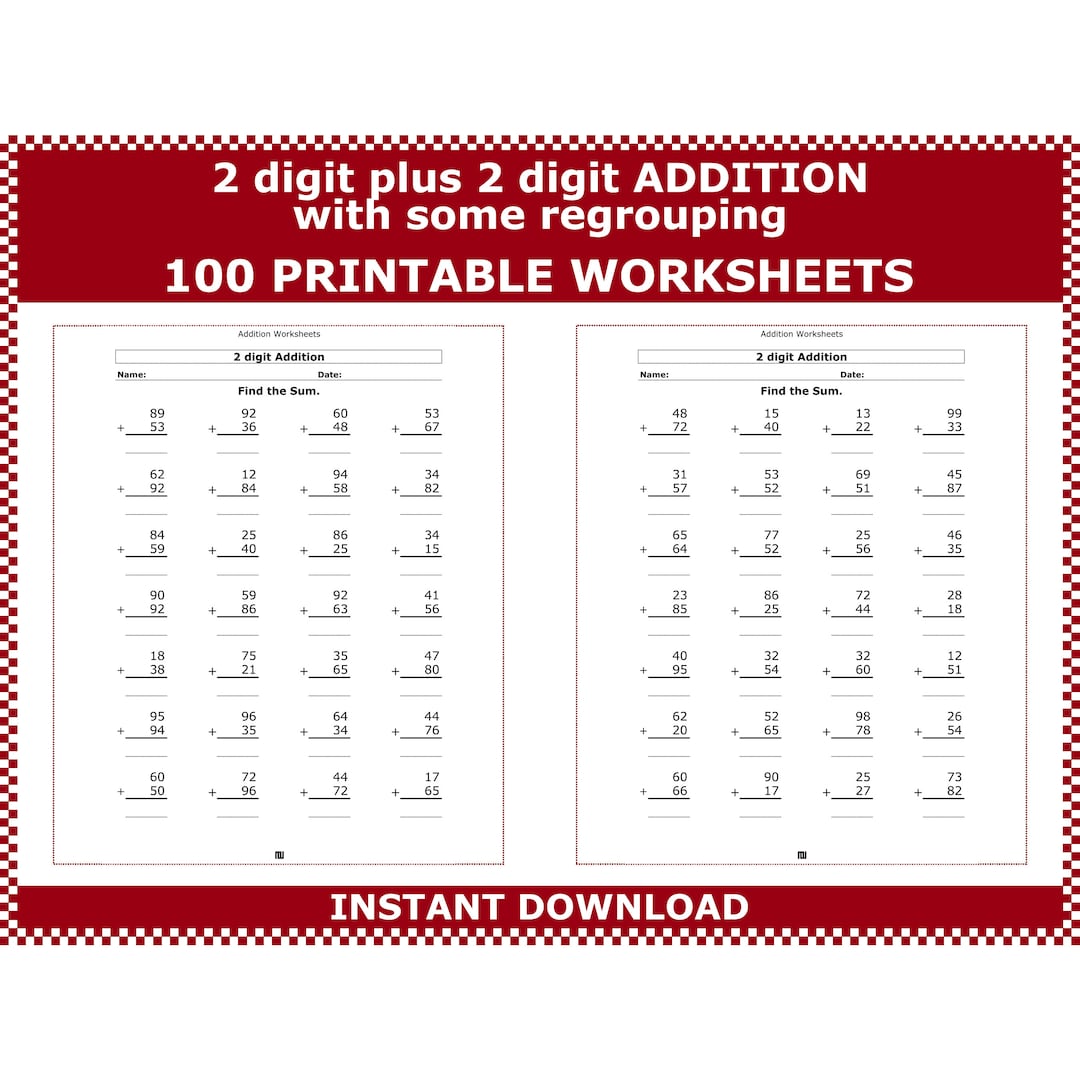2 Digit Plus 2 Digit Addition With Some Regrouping. Grade 2 Math ...