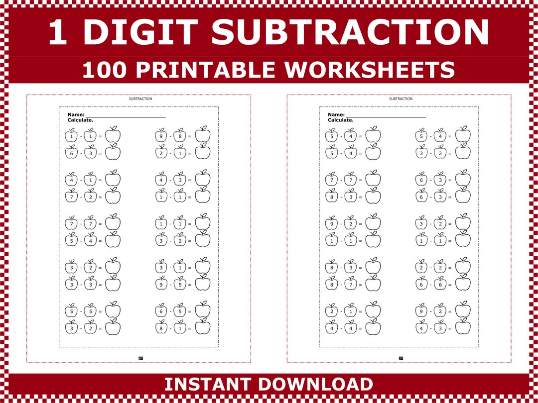 Subtraction Worksheets. 1 Digit Minus 1 Digit Subtraction. - Etsy
