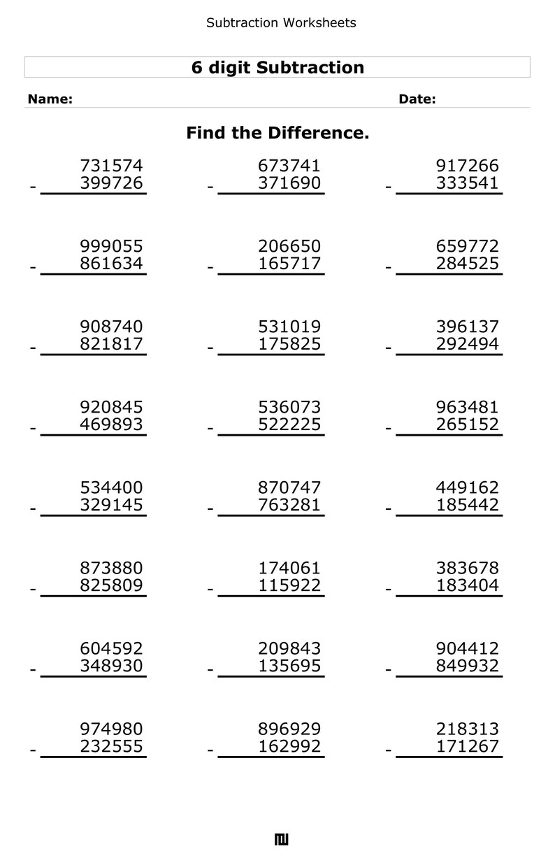6 Digit Subtraction Worksheets. 6 Digit Minus 6 Digit Subtraction. Long ...