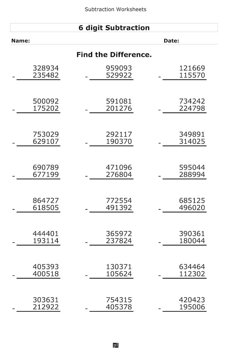 6 Digit Subtraction Worksheets. 6 Digit Minus 6 Digit Subtraction. Long ...