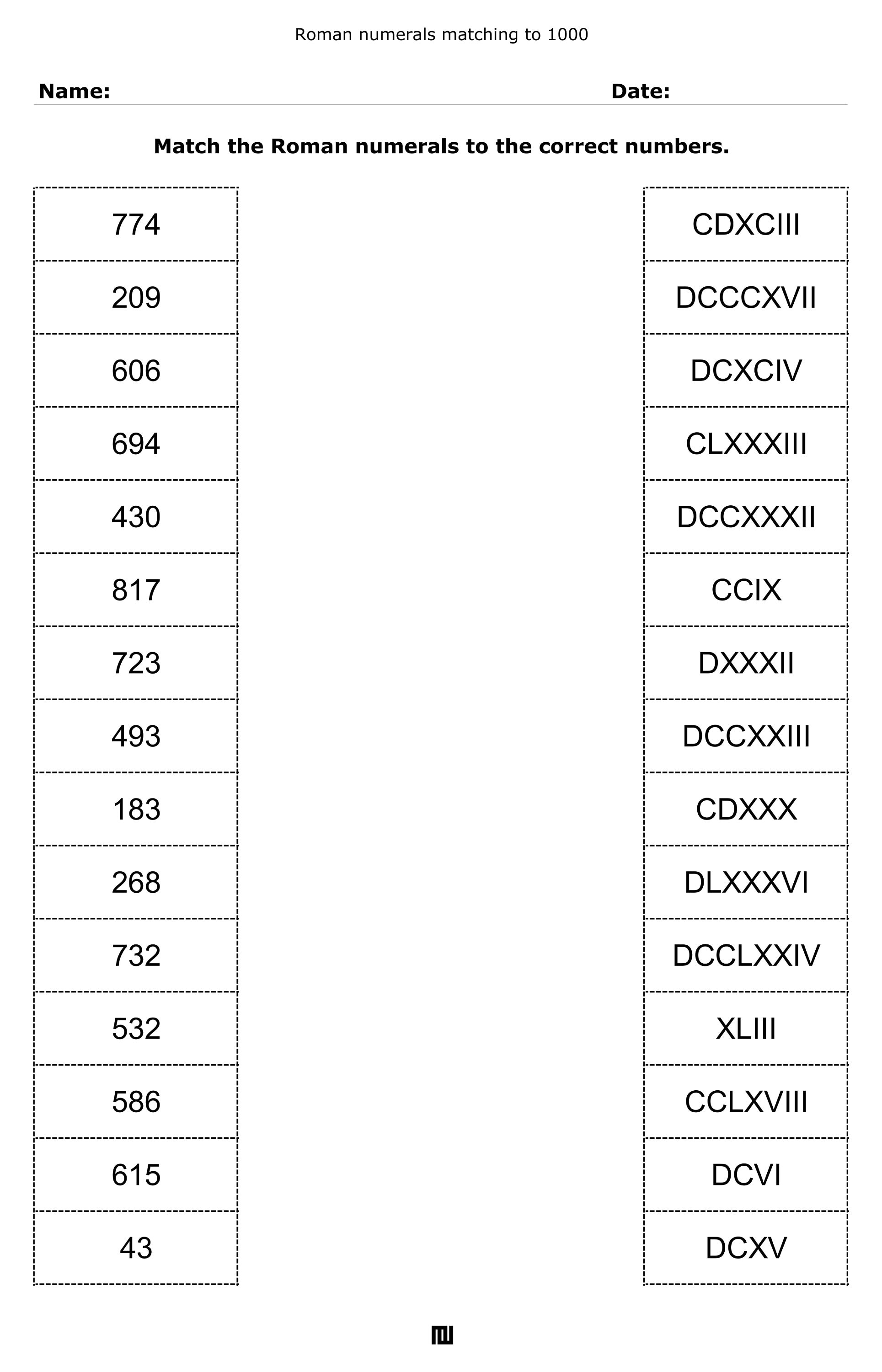 Roman Numerals Matching to 1000. Match the Numbers 1 to 1000. Roman ...