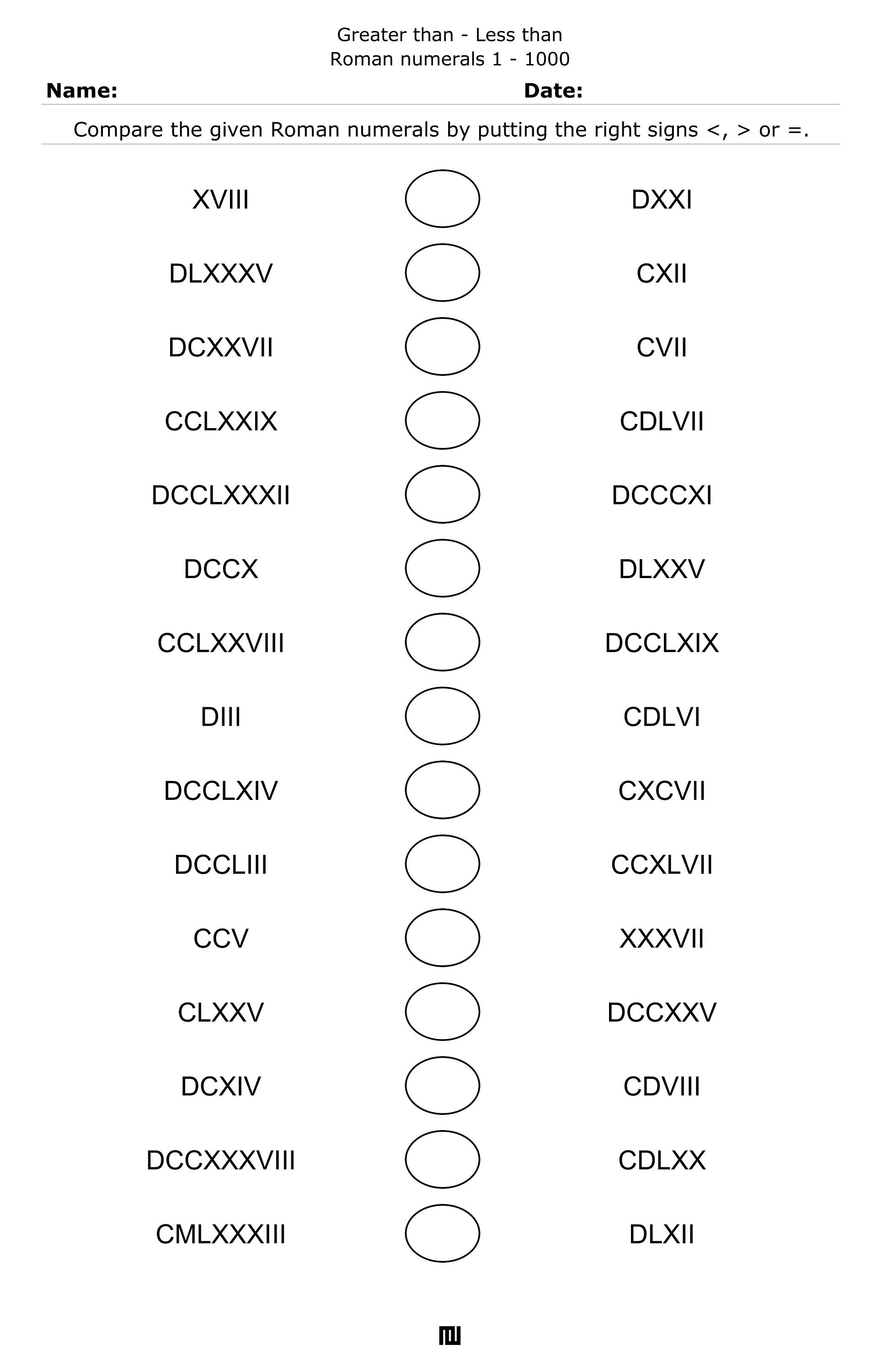 Worksheets on Comparison of Roman Numerals Range 1 1000. Compare the ...