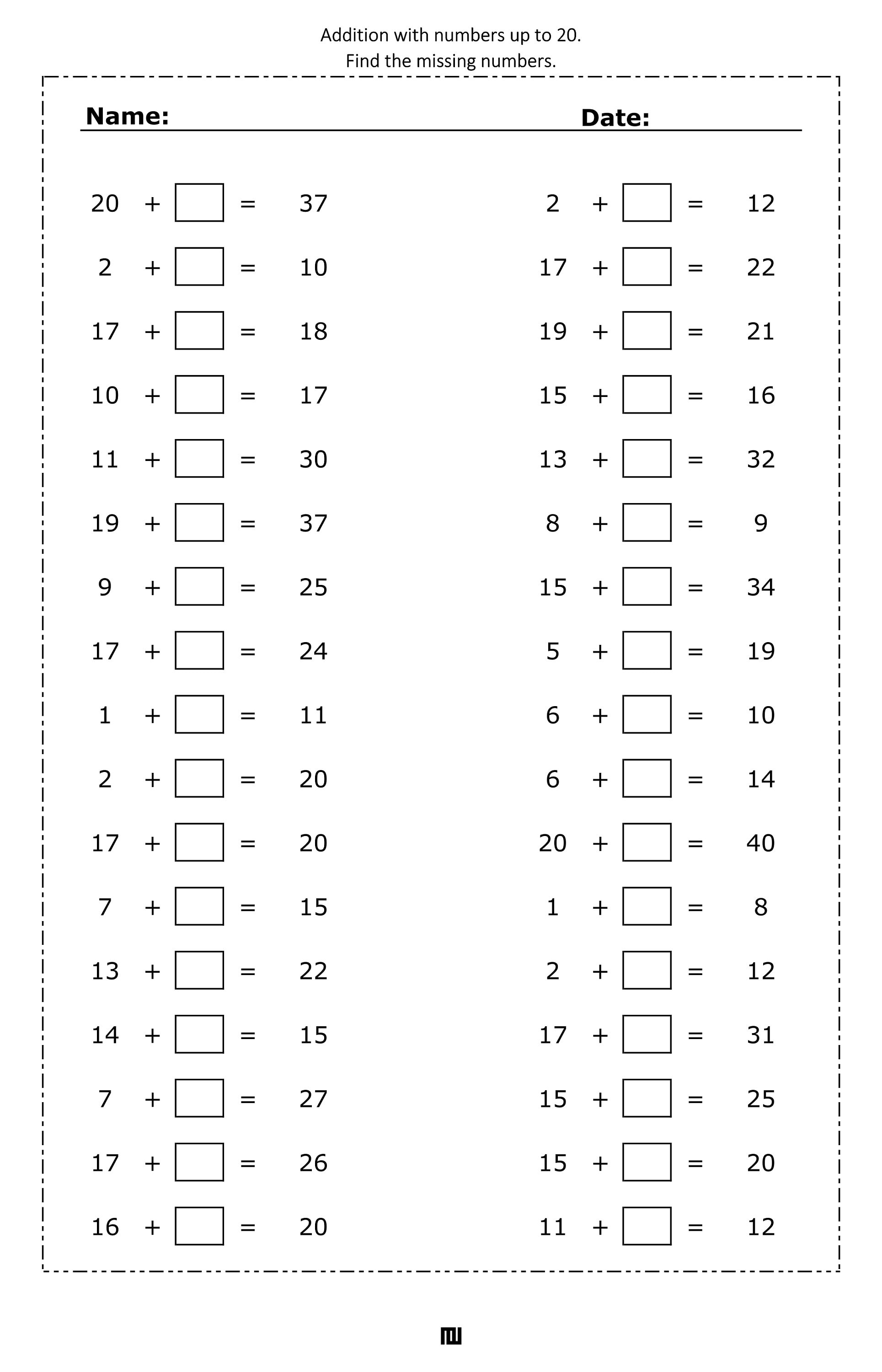 Addition With Numbers up to 20. Addition Number Range up to 20 Math ...