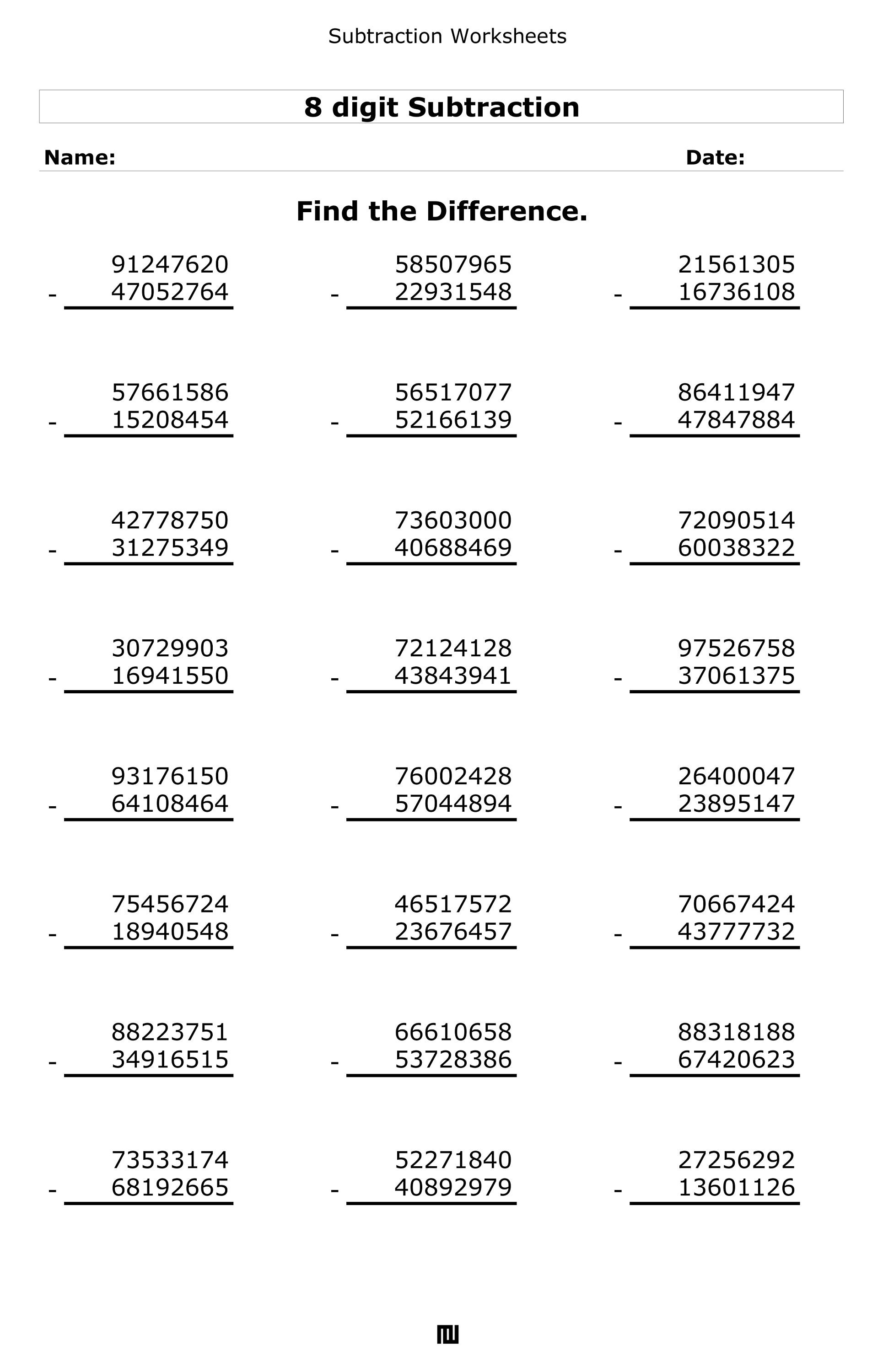 Multi Digit Subtraction Worksheets. Subtraction With 6, 7, 8 and 9 ...