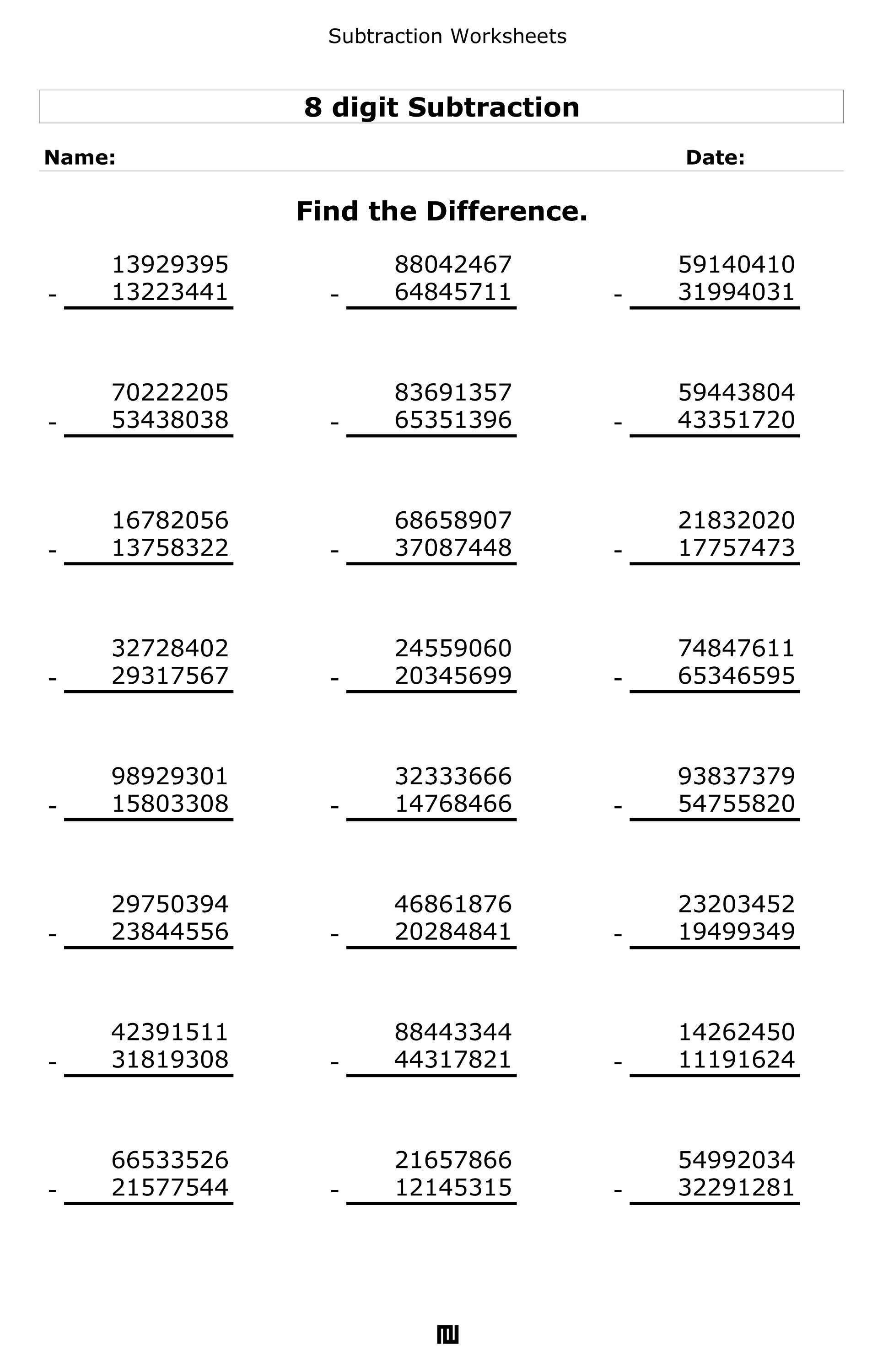 Multi Digit Subtraction Worksheets. Subtraction With 6, 7, 8 and 9 ...