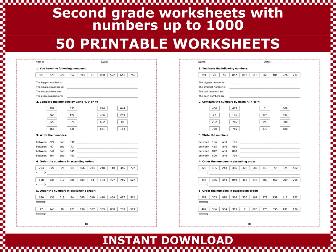 Second Grade Math Worksheets With Numbers up to 1000. Ordering - Etsy