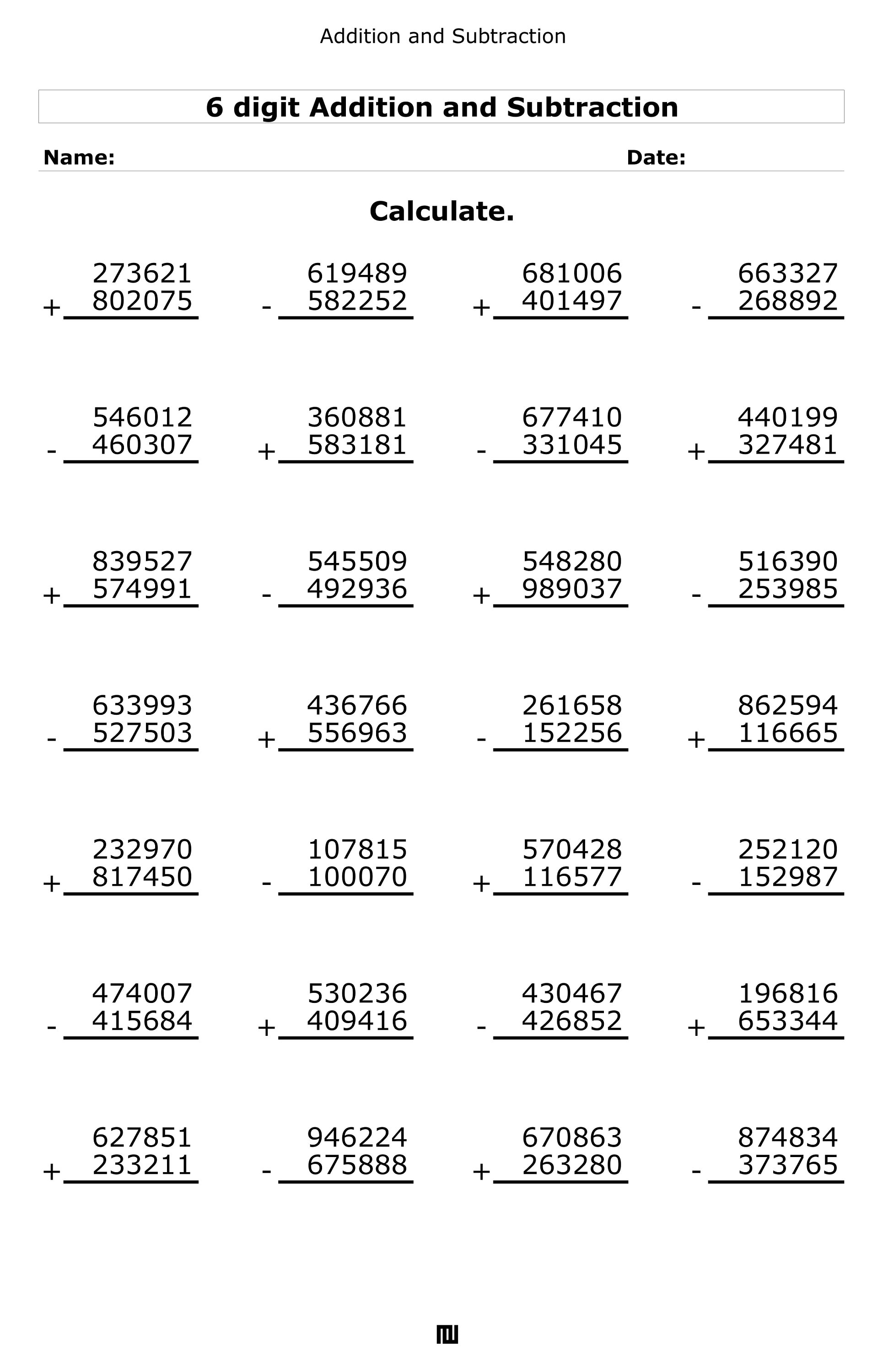 Mixed 6 Digit Addition and 6 Digit Subtraction Math Worksheets ...